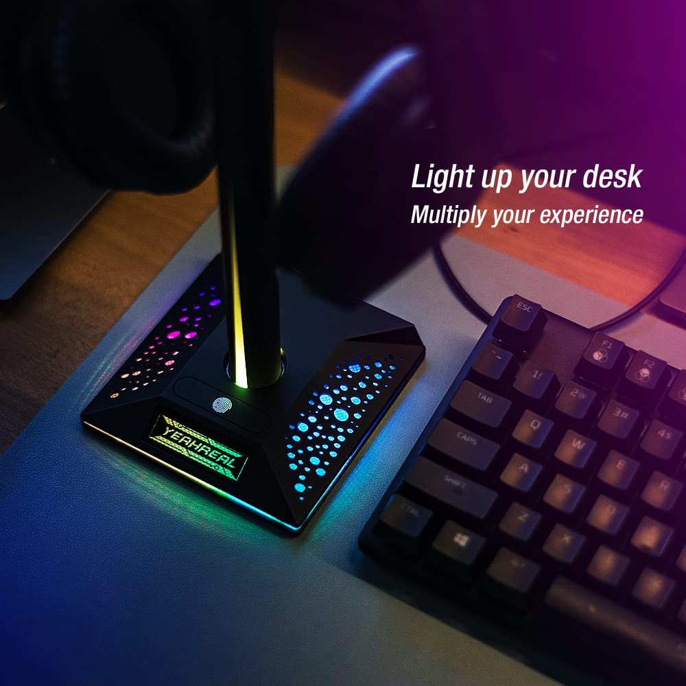 HOWLIWO RGB Stand for Gaming Headphone Headset, with 2 USB 2.0 Ports and 3.5mm AUX Port, Desk PC Game Earphone Accessories.