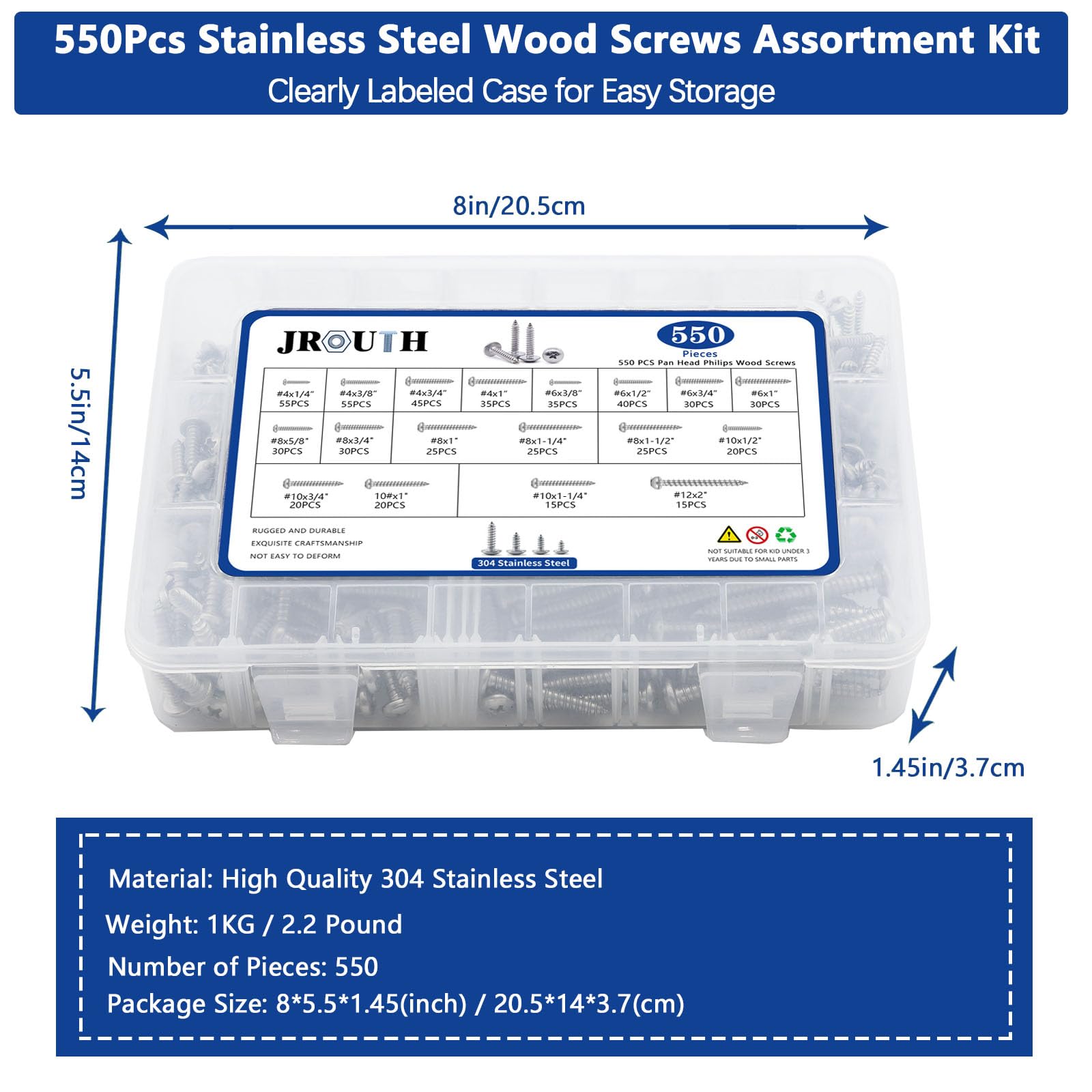 JROUTH 550Pcs Stainless Steel Wood Screws Assortment Kit, Philips Pan Head Sheet Metal Screws Self Tapping Screws, #4,#6,#8,#10,#12, Length 1/4" to 2" - Silver