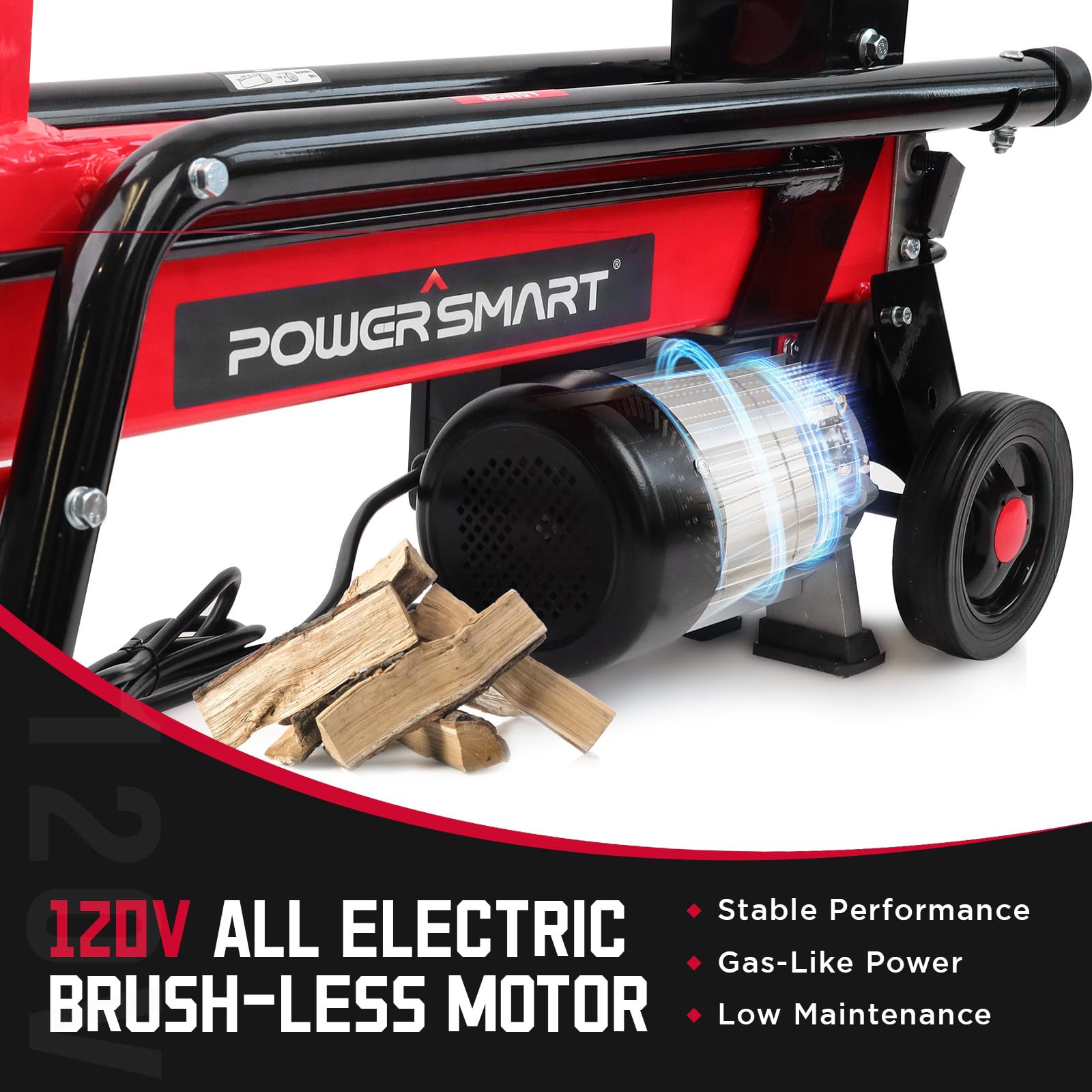 PowerSmart Electric Log Splitter 6-Ton - Efficient Wood Splitter with 3500 Motor Speed, 15 Amp, Horizontal Full Beam Design and Steel Wedge for Firewood & Kindling Cutting