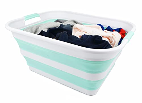 SAMMART 42L Collapsible Plastic Laundry Basket - Foldable Pop Up Storage Container / Organizer - Portable Washing Tub - Space Saving Hamper / Basket (White/Light Green (Set of 2))