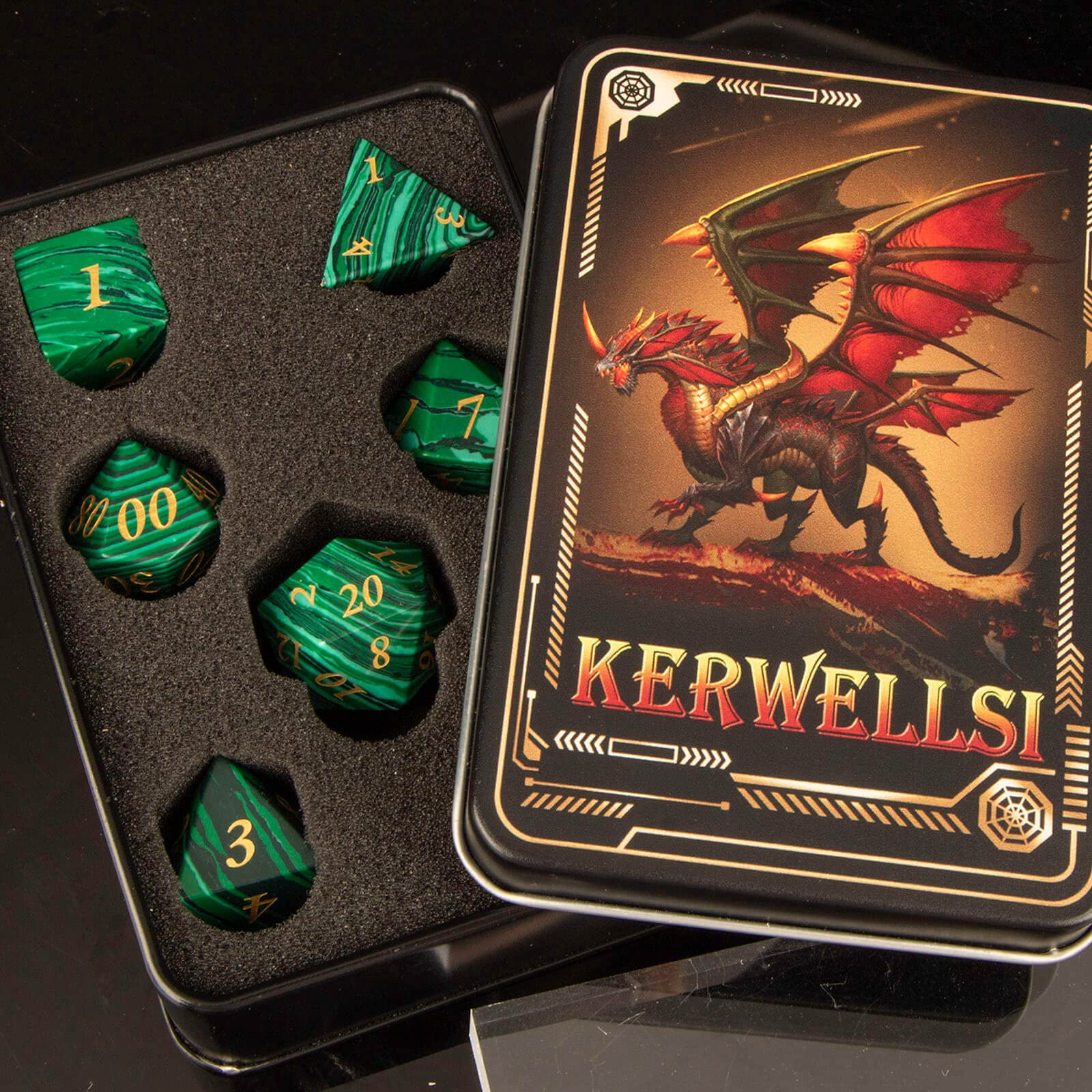 KERWELLSI DND Polyhedral Dice Set, Gemstone Dice Set D&D Dice with Gift Box, 7pcs Peacock Pine Stone D+D Dice for Dungeons and Dragons, RPG Role Playing Game Die D20 D12 D10 D8 D6 D4