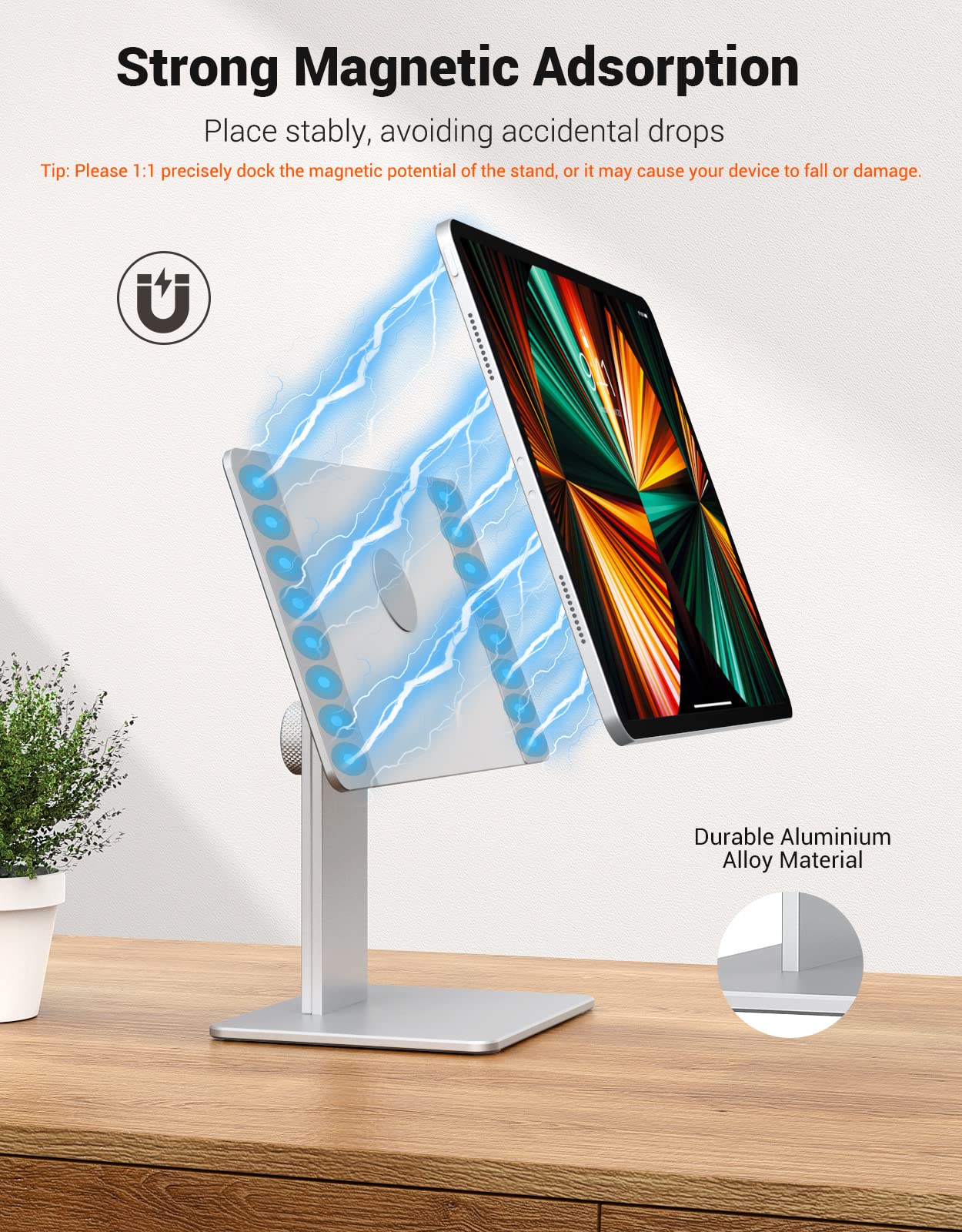 MoKo Magnetic iPad Stand, Aluminium Portable iPad Tablet Holder Compatible Apple iPad Pro 12.9 Inch 3rd/4th/5th Generation, Adjustable and Rotatable Floating Magnetic iPad Pro Stand Holder, Silver