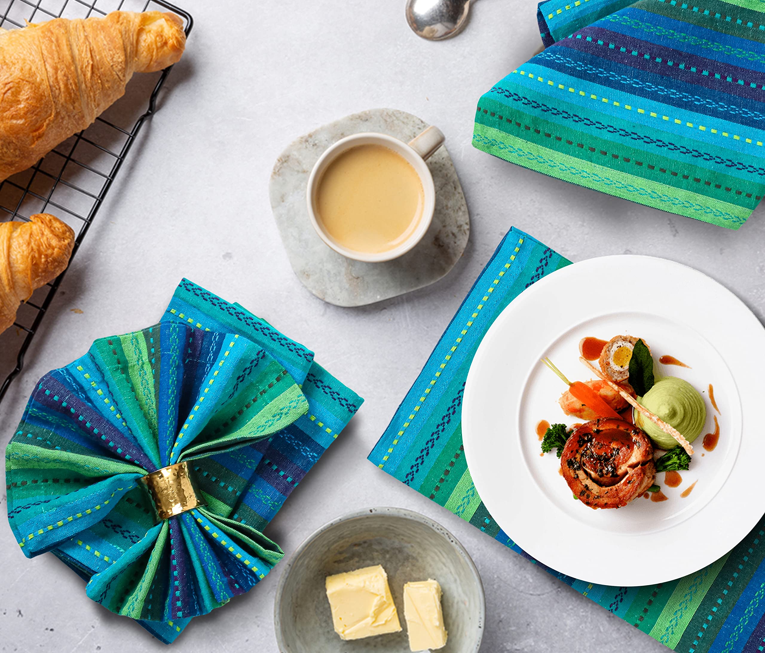 Hausattire Reusable Napkins Cloth Washable 100% Cotton Salsa Stripe 18x18 Inch Dinner Napkins|Table Napkins for Spring Easter Basket Decor|Set of 12 Cloth Napkins for Home Banquet Wedding |Teal Multi