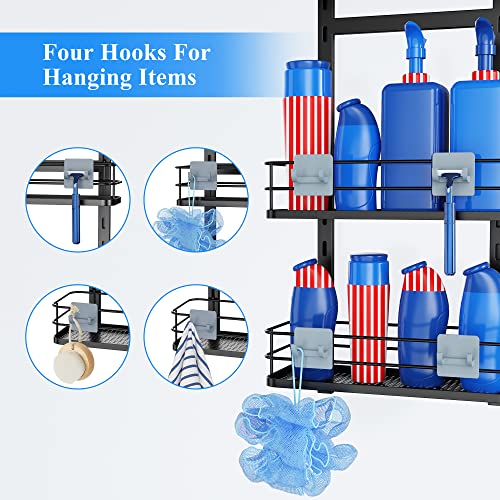 Nieifi Adjustable Over The Door Shower Caddy Organizer Shelves Rack with Hooks, Hanging Rustproof Shower Shelf Storage Basket for Inside Shower, Small Items Don’t Fall, Balck 4 Tier