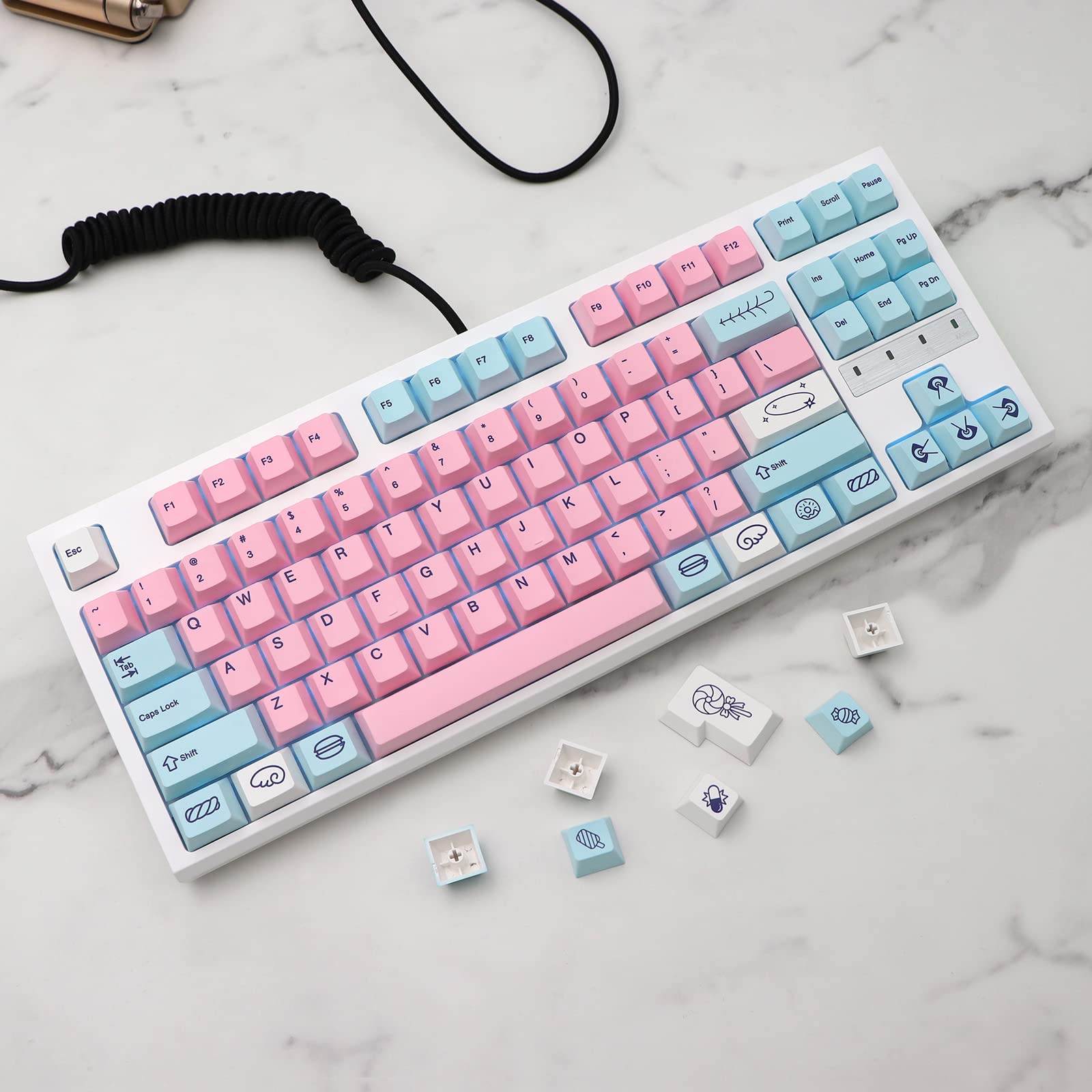 JSJT Candy Keycaps 137 Keys Pink White Light Blue Tricolor Cherry Profile Custom Keycaps PBT Dye Sublimation Key Caps with 6.25u/7u Spacebar for Cherry Mx Switches Mechanical Keyboard