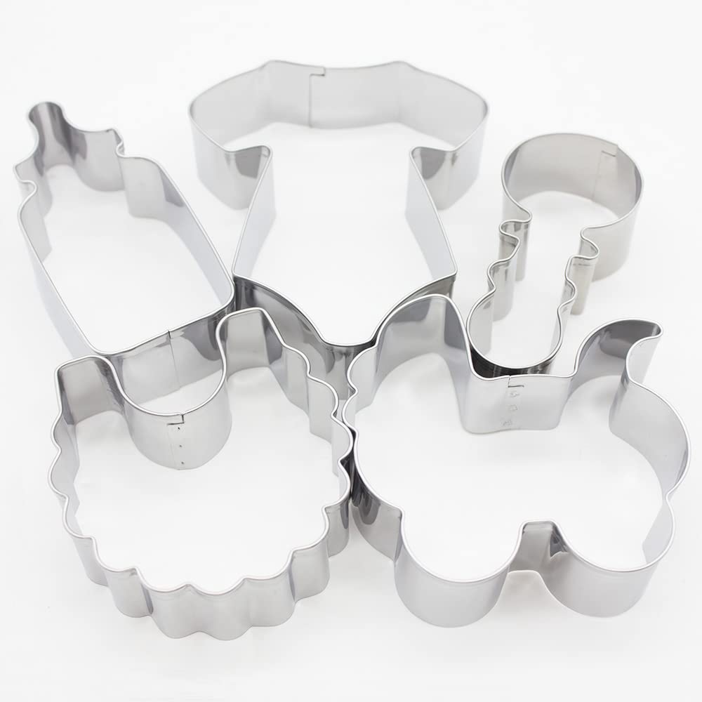 KANNTIE 5-Piece Baby Shower Cookie Cutter Set, Bib, Bottle, Rattle, Onesie and Baby Carriage