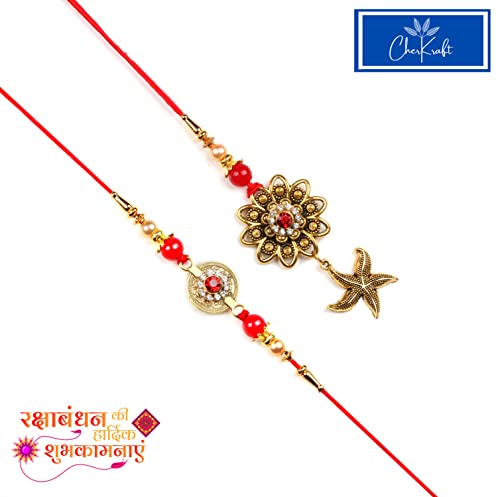 Lumba Rakhi for Brother & Bhabhi Set / Bhaiya Bhabhi Rakhi Thread Jodi Kundan Rakhi Combo (Design 1, Standard)