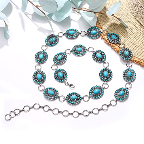 HSWE Women Turquoise Chain Belt Vintage Round Turquoise Concho Belts Adjustable Boho Western Metal Waist Belts for Dresses