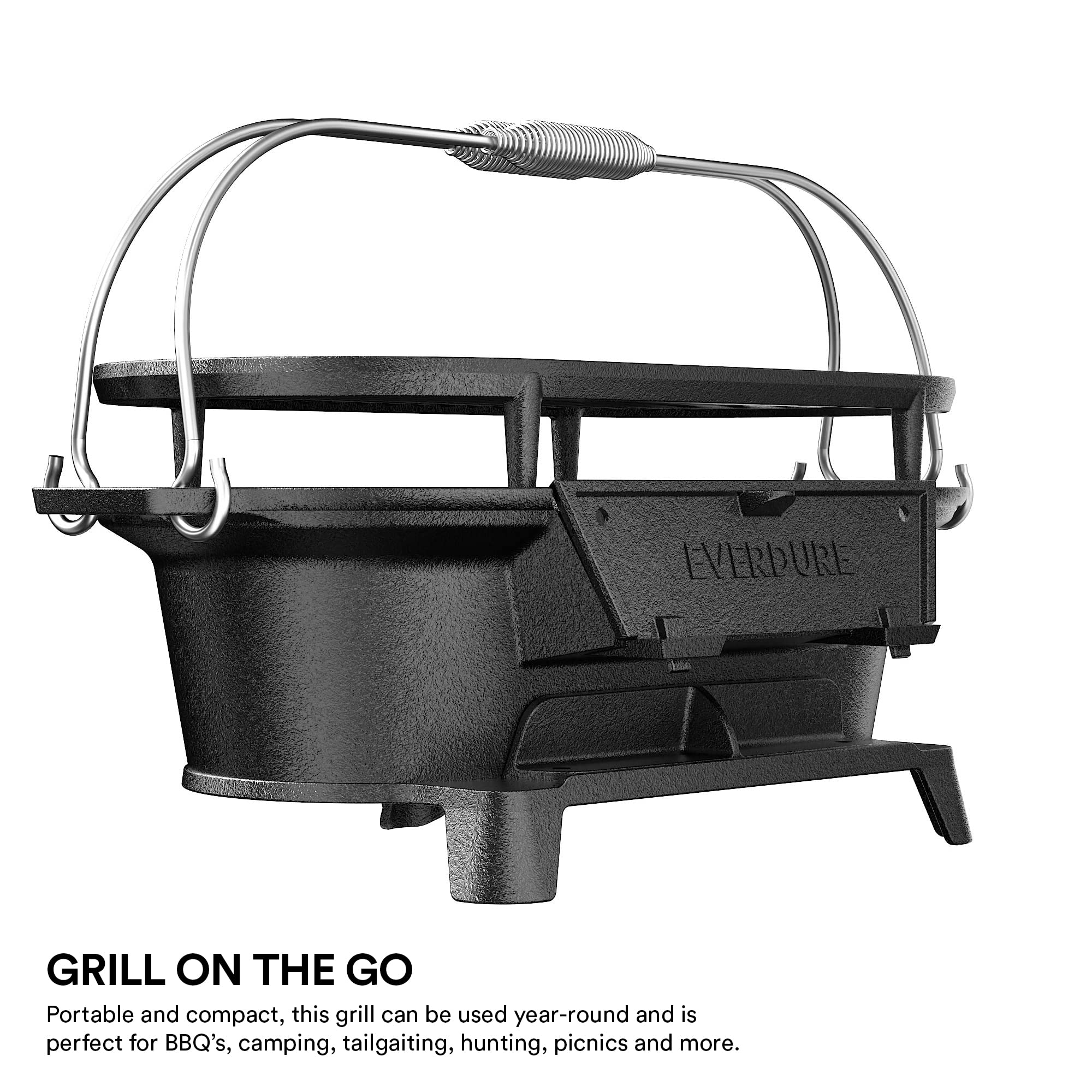 Everdure Oval Cast Iron Grill & Cover β Outdoor, Portable Charcoal Grill and Tabletop Cast Iron Skillet - 100% Cast Iron, Enameled, Durable, Small Charcoal Grill, Camping Stove, Hibachi Grill