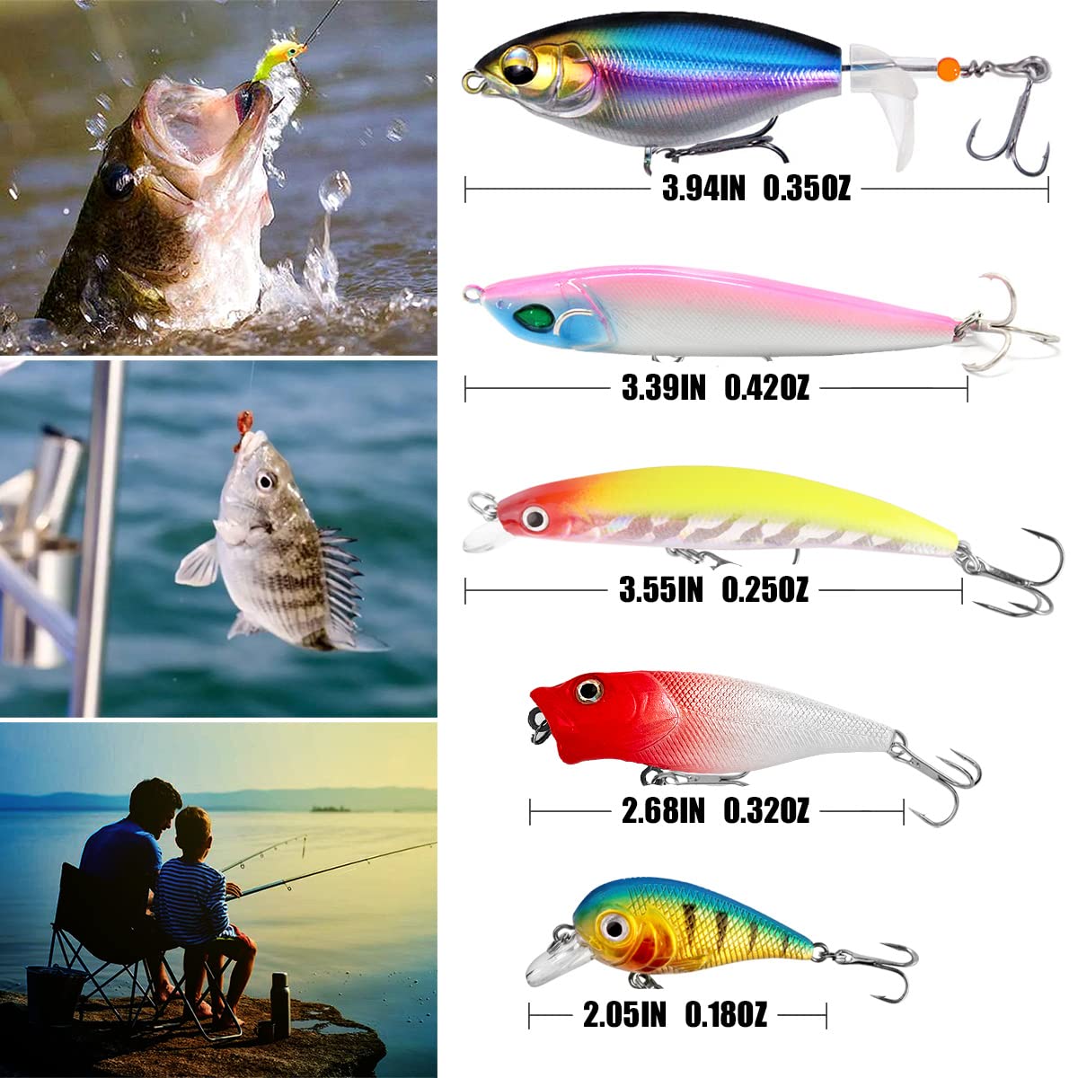 Fishing Lures Baits Tackle Fishing Accessories Kit Including Crankbaits, Spinnerbaits,Jig Hooks, Plastic Worms, Topwater Lures, Tackle Box and Fishing Gear Lures Kit Set