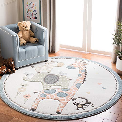 SAFAVIEH Carousel Kids Collection Area Rug - 5'3" Round, Ivory, Animal Design, Non-Shedding & Easy Care, Ideal for High Traffic Areas for Boys & Girls in Playroom, Nursery, Bedroom (CRK120A)