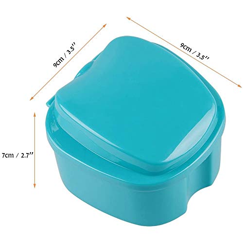 Jteyult Blue Denture Case, Denture Cup with Strainer, Denture Bath Box Teeth Storage Box with Basket Net Container Holder for Travel