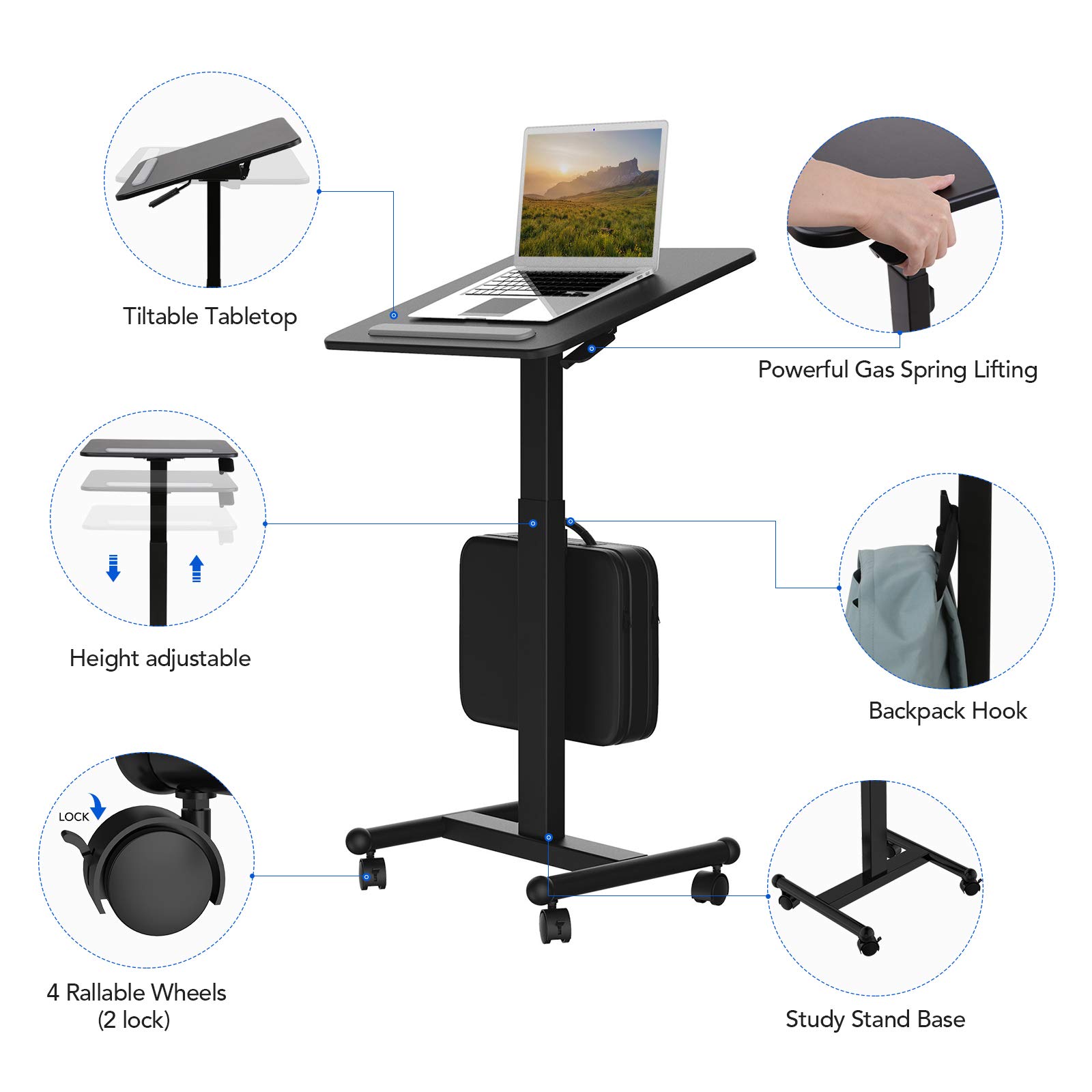 FLEXISPOT MT3 Medical Adjustable Overbed Table with Wheels Pneumatic Mobile Standing Desk Laptop Desk Rolling Computer Cart Movable Overbed Table Hospital Home Use (23.6" W x 20.5" D, Black Table)