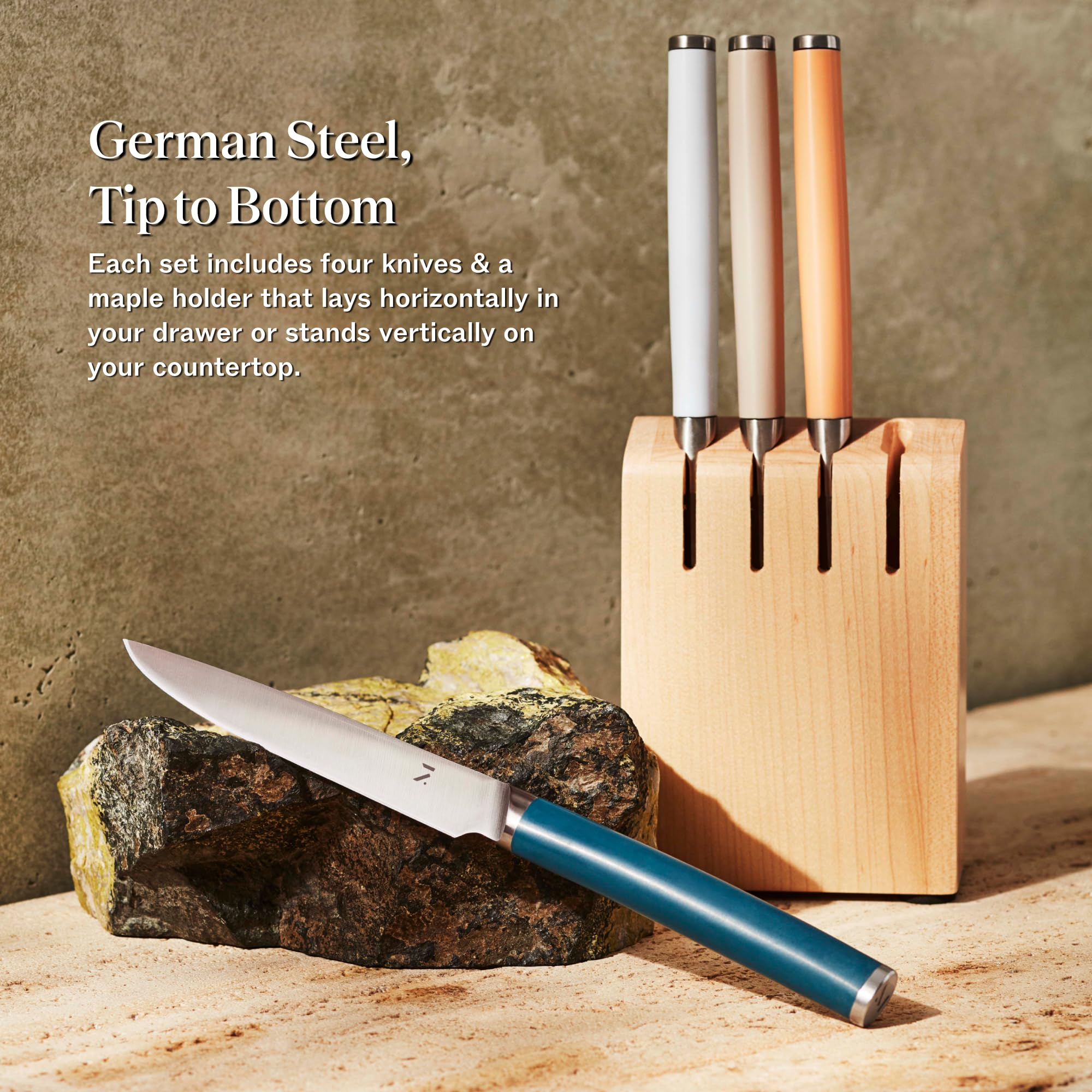 Material, The 5pc Stainless Steel Steak Knives Set, 4 Knives + Holder, Razor Sharp, Matte Finish, Dishwasher Safe, Deep