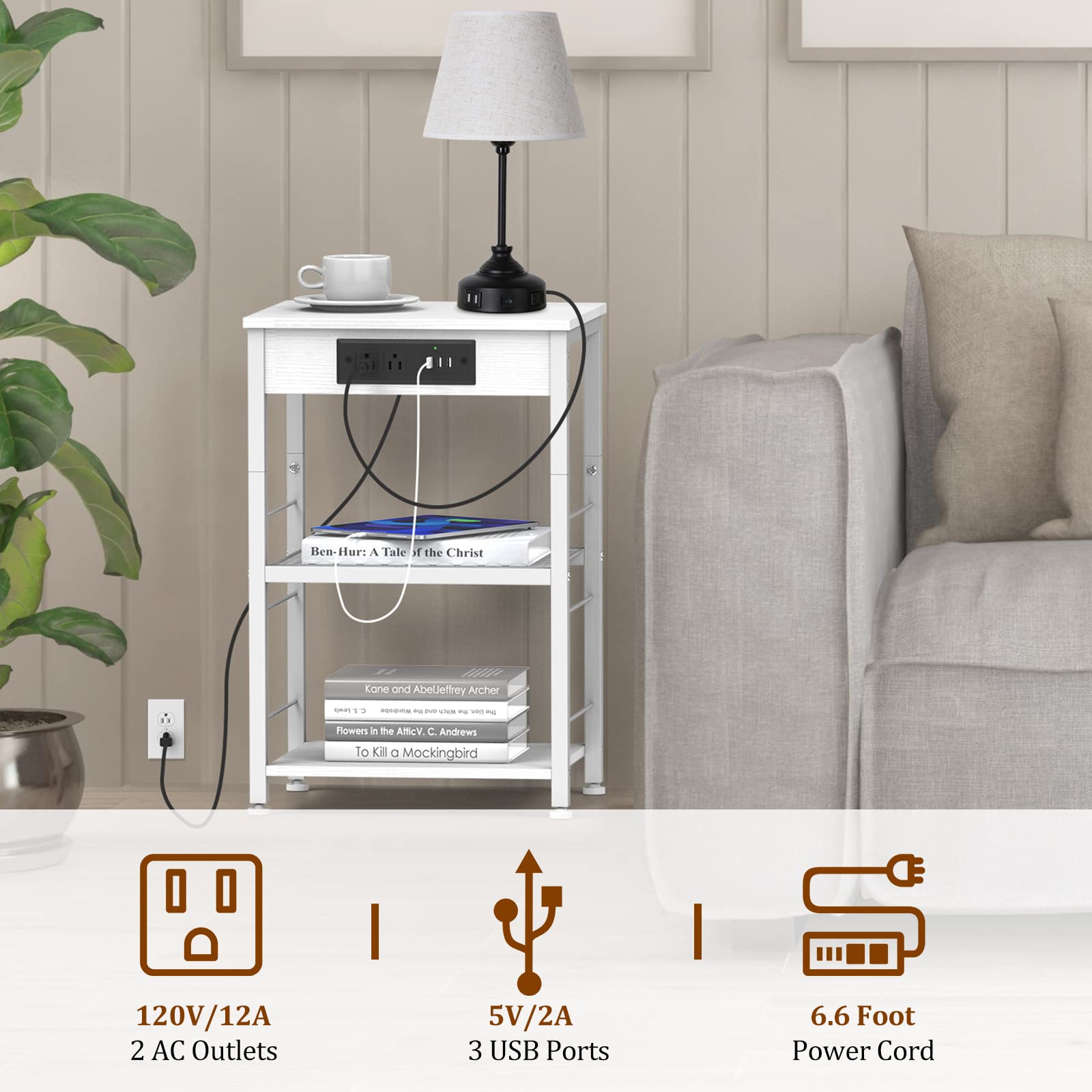 NOVIMANGO Nightstand with Charging Station End Tables White Side Table with USB Ports & Outlets Small Bedside Table with 3 Tier Storage Night Stand Table in Bedroom Living Room Dorm Office