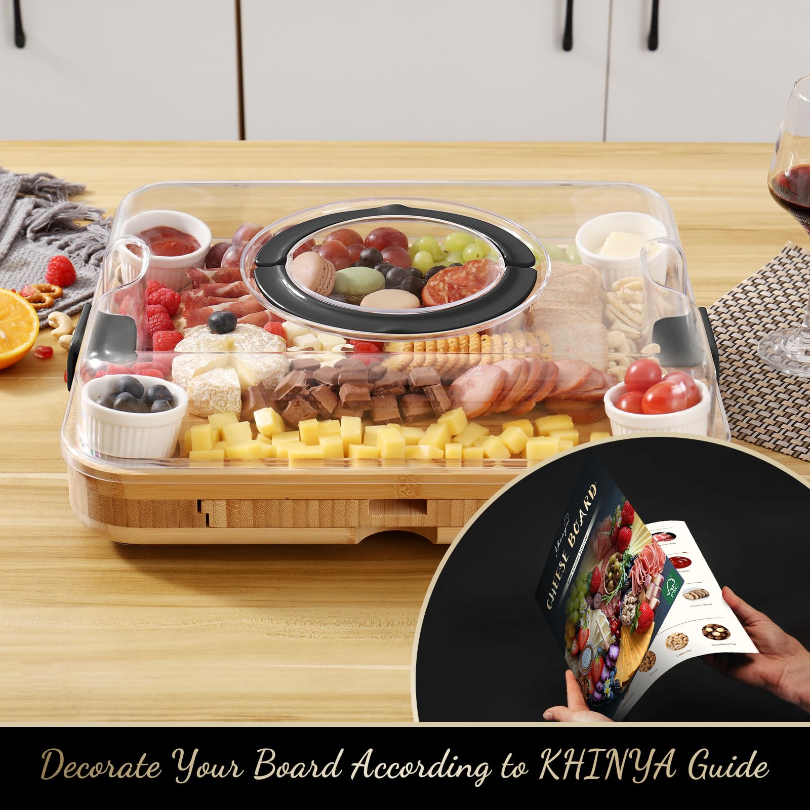 KHINYA Charcuterie Boards - Cheese Board Set, Charcuterie Board with Lid, Gifts for Women, Cheese Plate for Housewarming, Convenient Lid Design with Handle (3 Drawers Black)