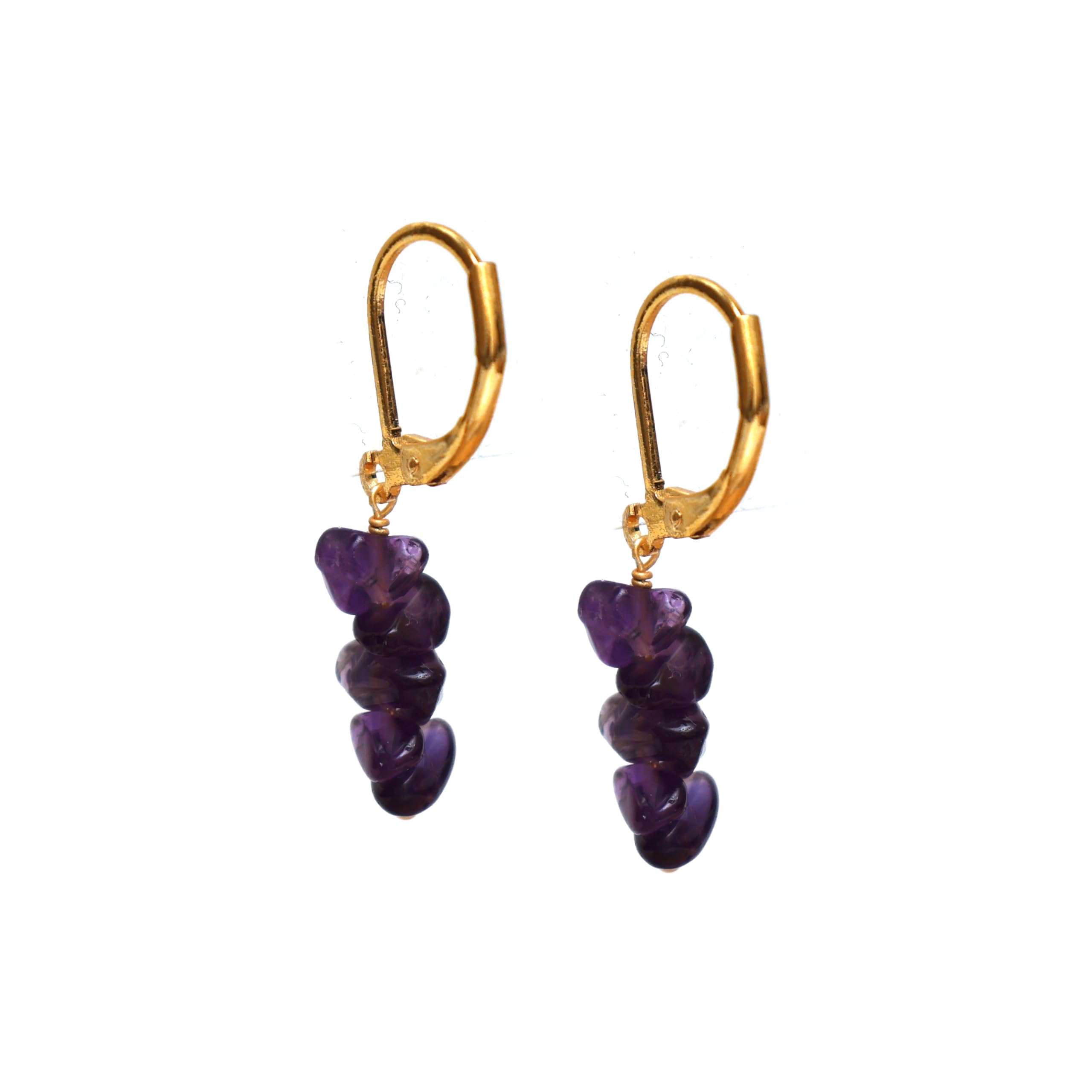 Gempires Natural Amethyst Earrings for Girls - February Birthstone Jewelry Gifts - Handmade Gemstone Jewelry - 14k Yellow Gold Plated Dangle Earring (Amethyst)
