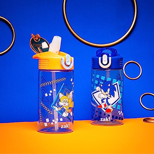 Zak Designs Sonic the Hedgehog Kids Water Bottle For School or Travel, 16oz 2-Pack Durable Plastic Water Bottle With Straw, Handle, and Leak-Proof, Pop-Up Spout Cover (Sonic, Tails)
