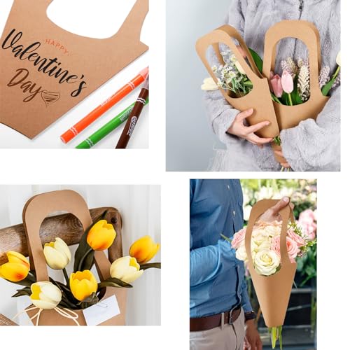 Firbirch 10 Pcs Kraft Paper Bouquet Bags with Handle, Brown Paper Flower Wrapping Gift Bags for Valentine's Day Florist Wedding Party Home Decoration (Small(35 x 19cm))