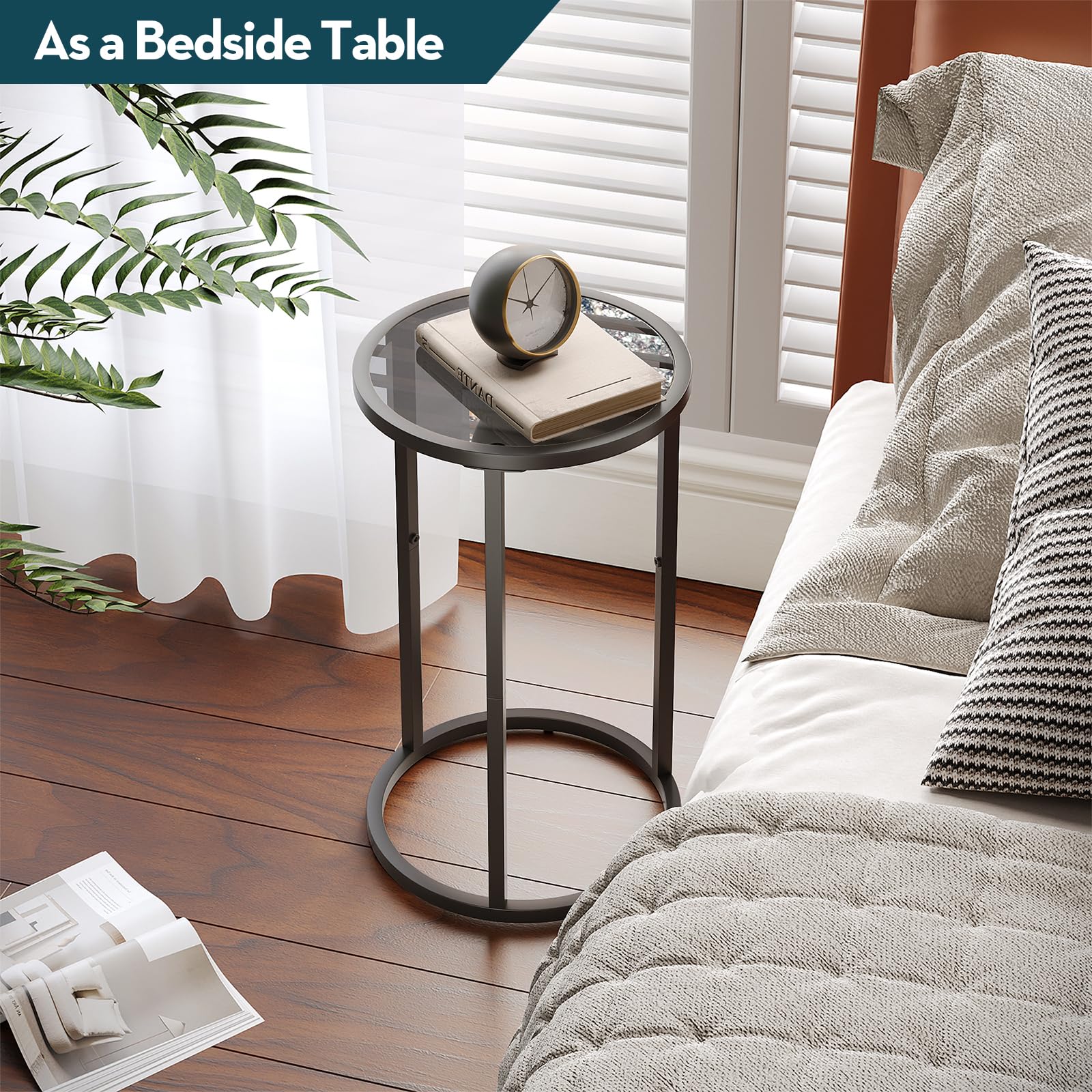 SAYGOER Small Side Table Round Glass End Table for Small Spaces Narrow Couch Night Stand Modern Bedside Table with Black Metal Frame for Bedroom Living Room, Easy Assembly