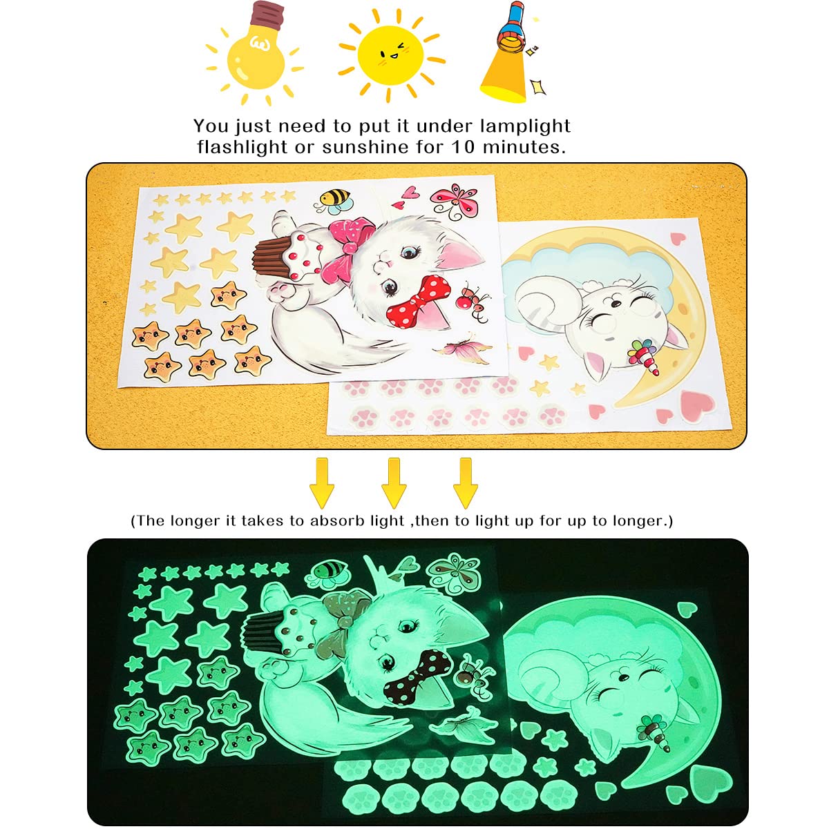 MESU Glow in The Dark Cat Wall Stickers Luminous Ceiling Decals for Nursery Kids Bedroom Decor Cat