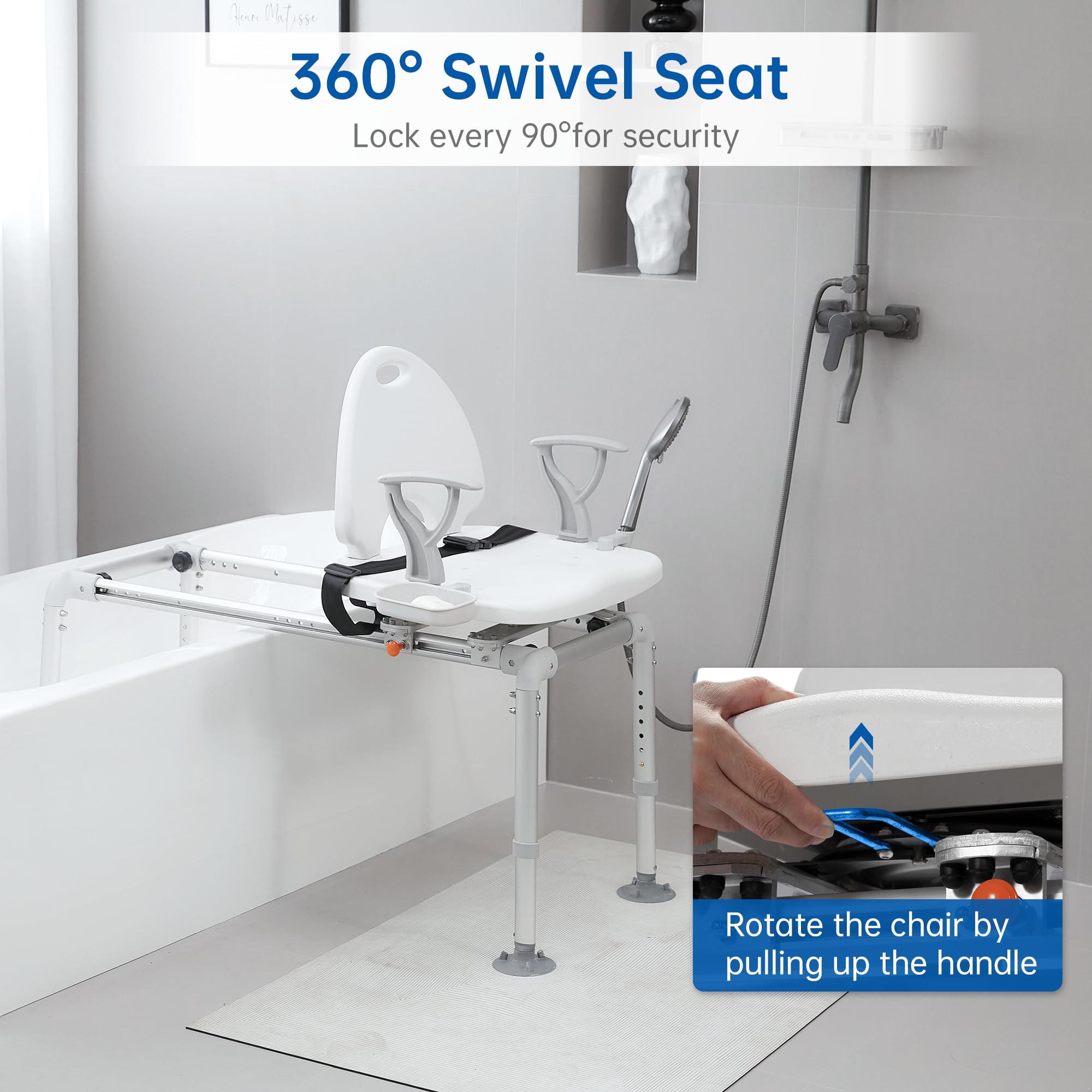 RESTISLAND Heavy Duty Sliding Transfer Bench with Swivel Seat, Rotating Sliding Shower Chair and Bath Safety Seat with Non-Slip Suction Cup