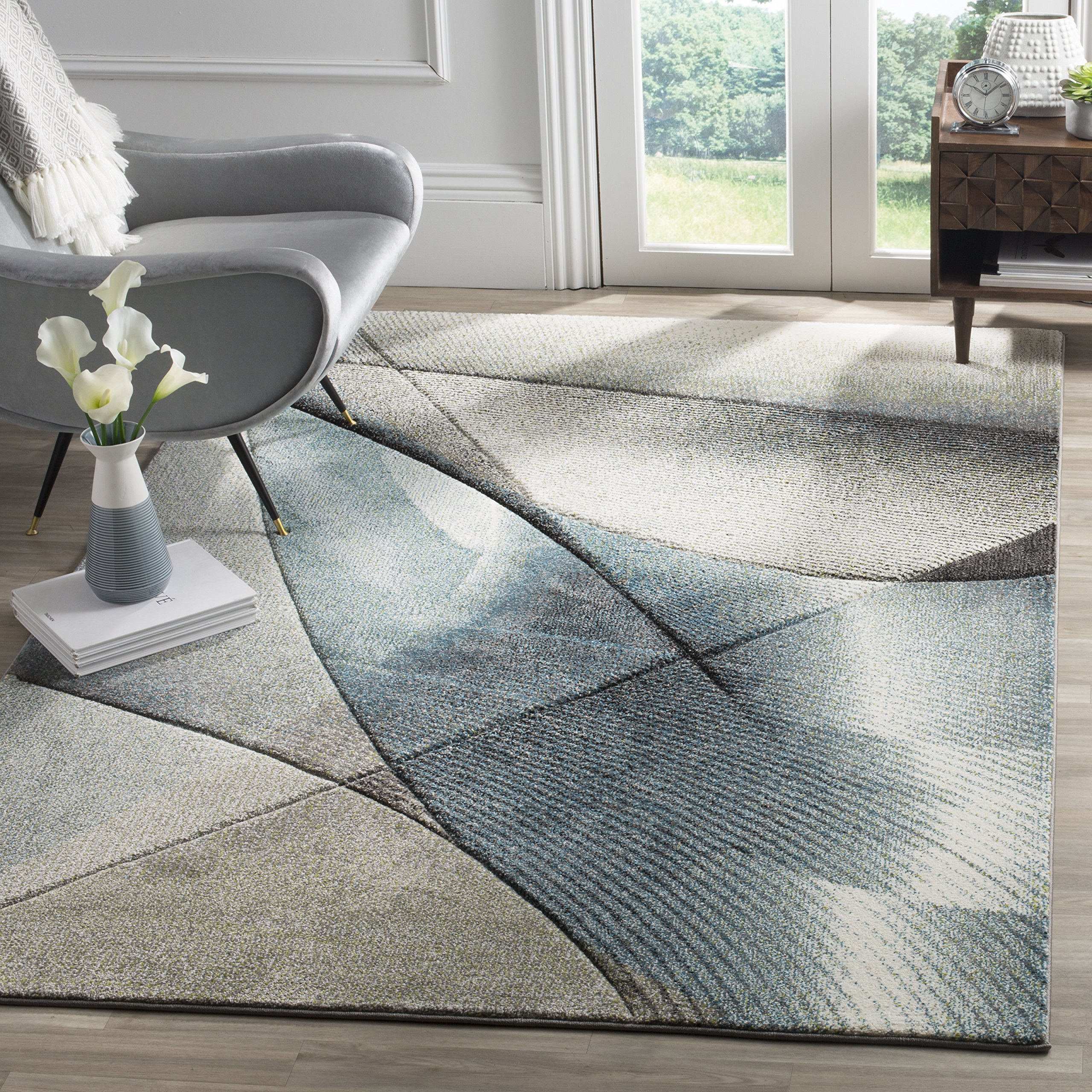 SAFAVIEH Hollywood Collection Accent Rug - 2'7" x 5', Grey & Teal, Mid-Century Modern Design, Non-Shedding & Easy Care, Ideal for High Traffic Areas in Entryway, Living Room, Bedroom (HLW715D)
