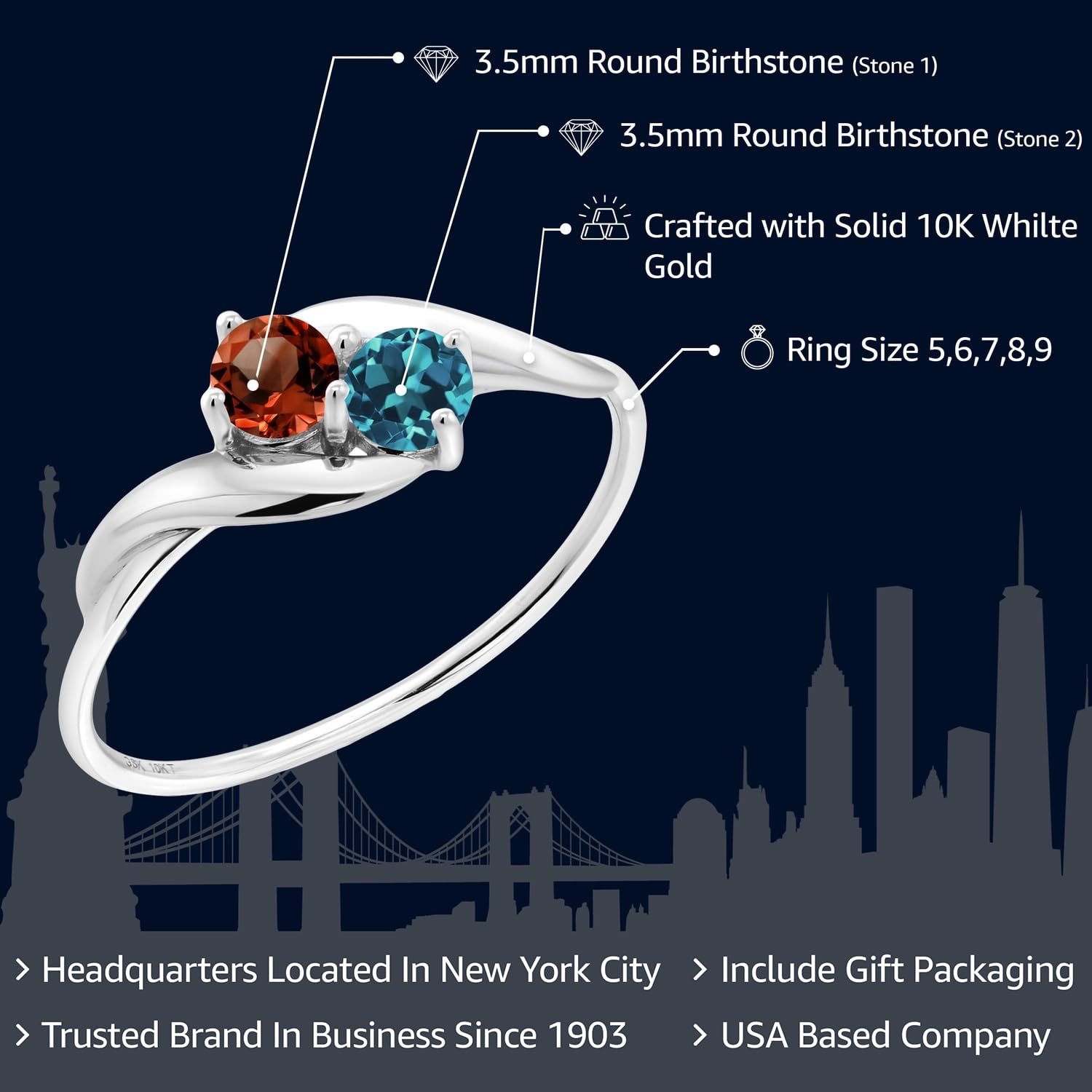 Gem Stone King 10K White Gold Promise Customized Personalized Build Your Own 2 Round Gemstone Birthstone For Her Engagement Ring For Women (Available In Size 5, 6, 7, 8, 9)