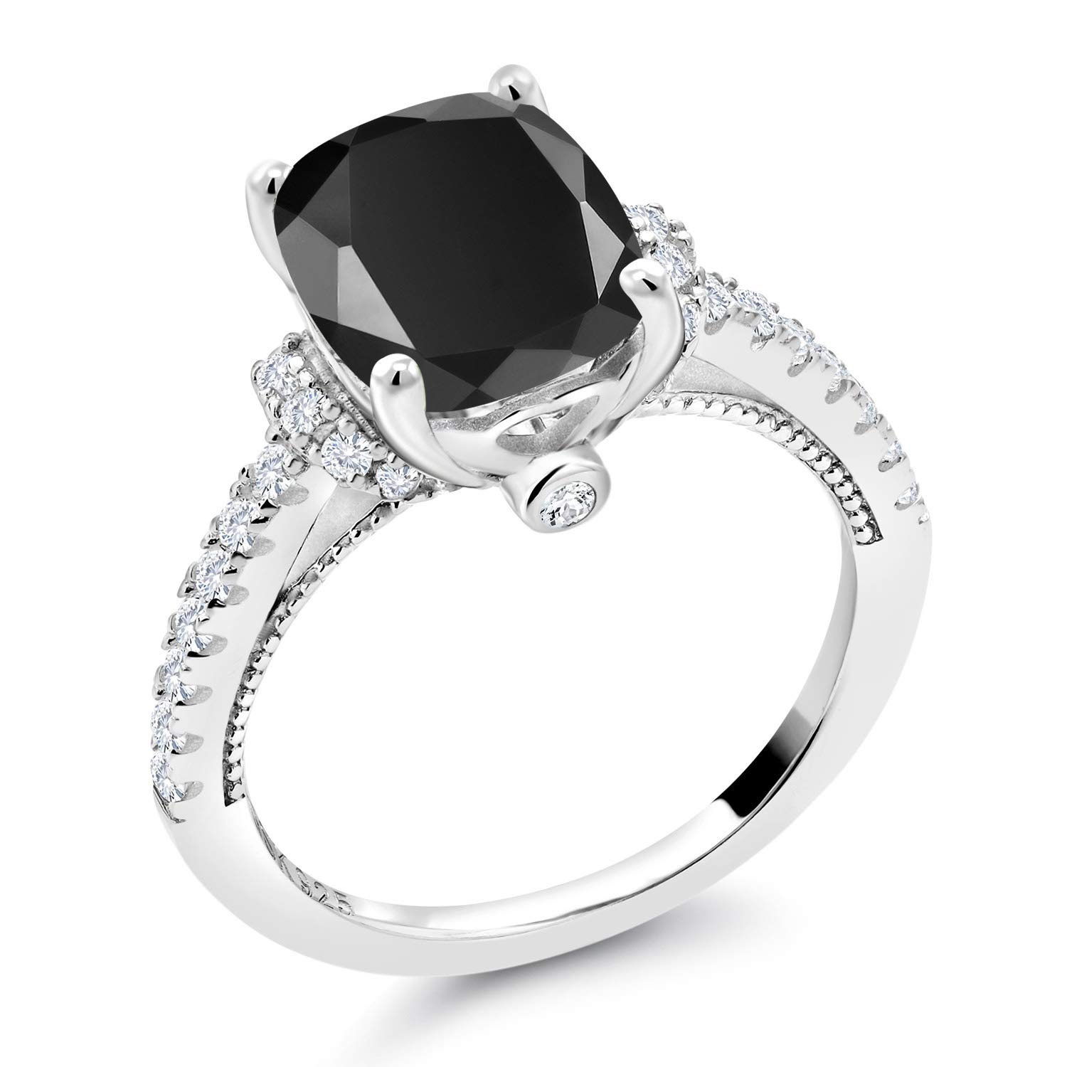 Gem Stone King 925 Sterling Silver Black Onyx and White Created Sapphire Ring | 10X8MM Cushion Cut Gemstone Birthstone Ring For Women | 3.14 Cttw | Available In Size 5, 6, 7, 8, 9