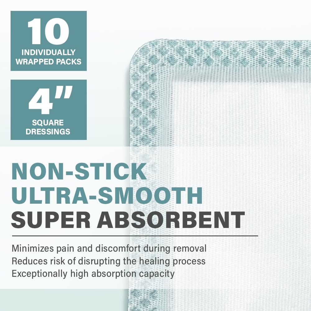 EVERLIT Super Absorbent Dressing for Wound Care | Nonstick Soft Surgical Gauze Pad for Heavily Exuding Wounds | Large Sterile Non-adhesive Bandage for Fast Healing Wound Care | Pack of 10 (4" x 4")