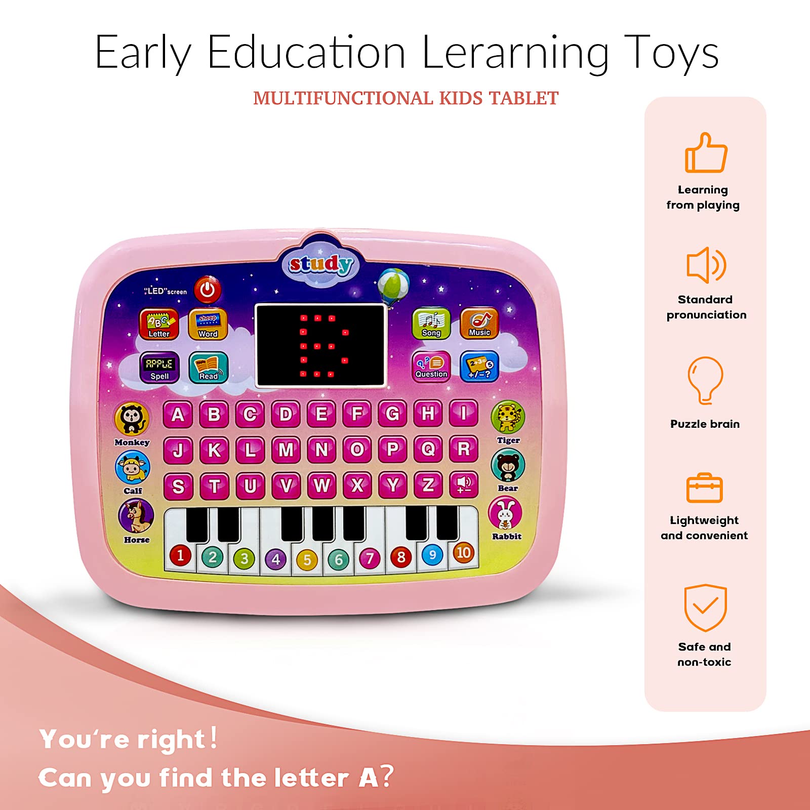 Kid Tablet Toddler Learning Pad Interactive Toy with Screen -Educational Toys Fun Gifts -Music/Piano/ABC/Numbers/Words/Spell/Animals - for Boys&Girls 3+ (Blue)……