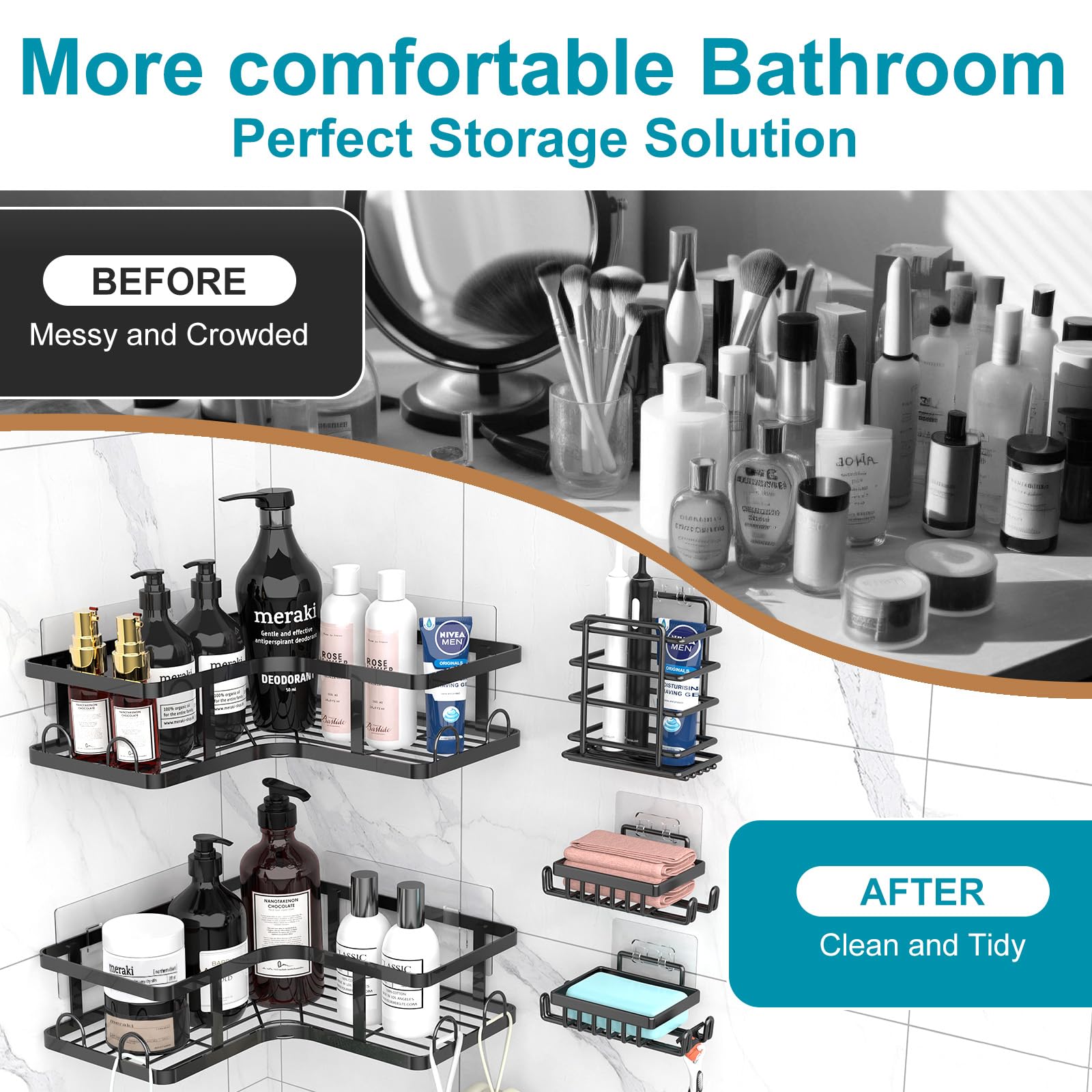 Prlsca 5 Pack Corner Shower Caddy,Large Capacity Adhesive Shower Organizer with Soap Holder & Toothpaste,No Drilling Stainless Steel Shower Shelves with Hooks for Bathroom, Dorm and Kitchen(Black)