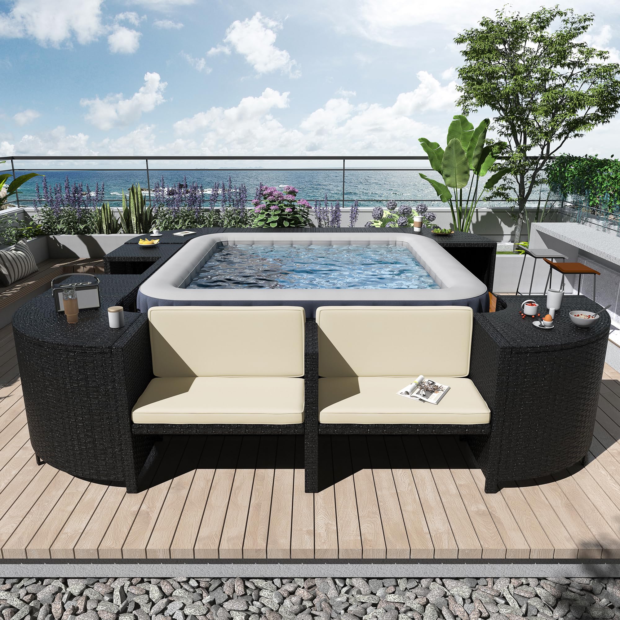 P PURLOVE Spa Surround, Quadrilateral Patio Rattan Sofa Set with Storage Spaces, Mini Sofa, Wooden Seats and Comfortable Cushions for Patio, Backyard (Beige)