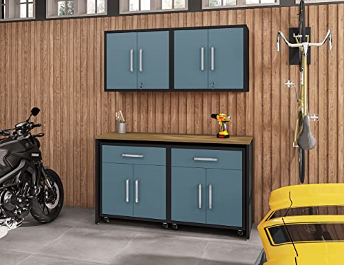 Manhattan Comfort Eiffel 5-Piece Garage Storage Set in Matte Black and Aqua Blue
