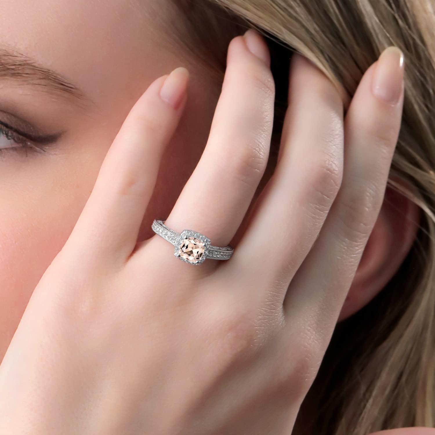 Gem Stone King 925 Sterling Silver Peach Morganite and White Created Sapphire Women Ring (1.40 Cttw, Cushion 6MM, Available in size 5, 6, 7, 8, 9)