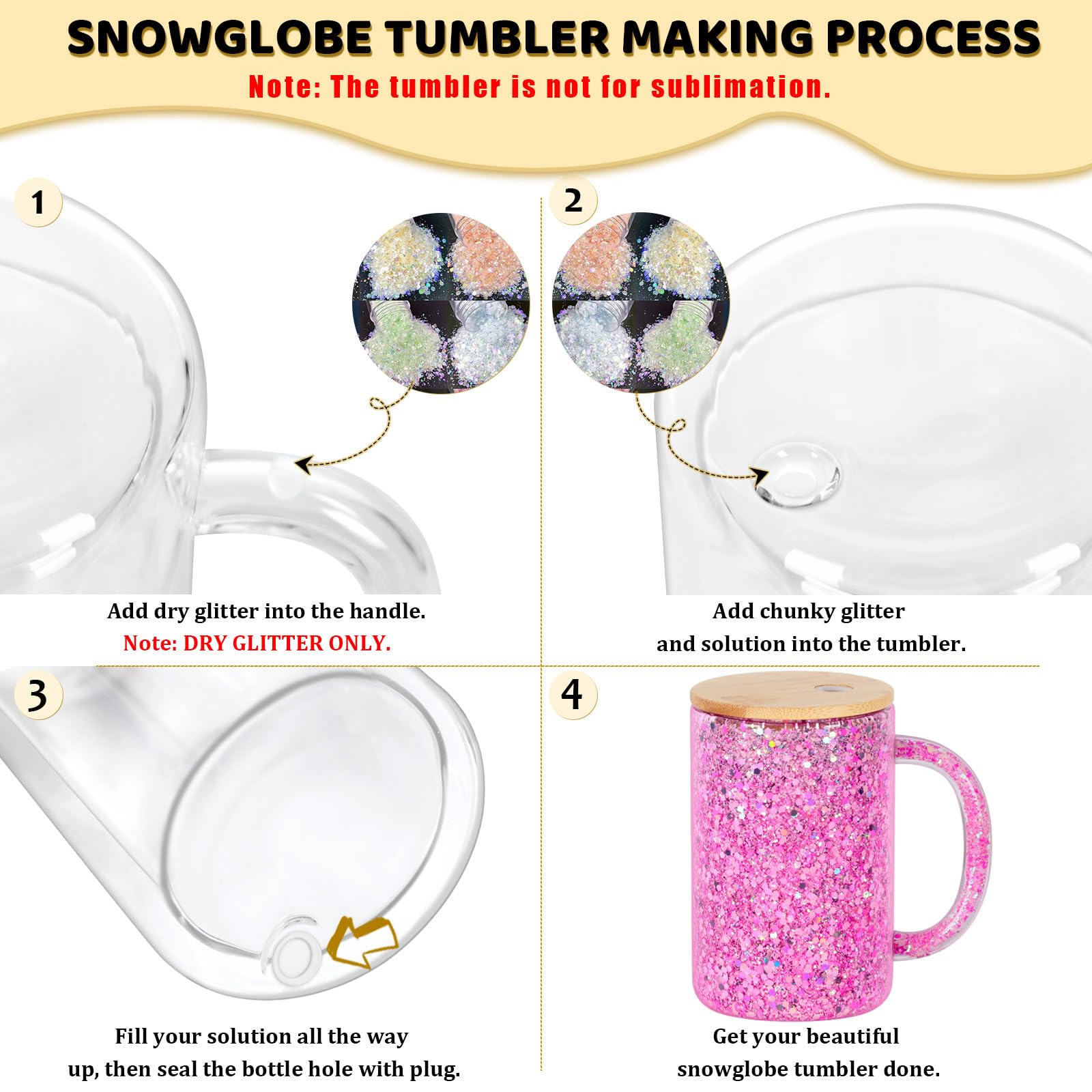 Maucircol 16 Oz Snow Globe Glass Cup With Handle, 4 Pack Pre-Drilled Double Wall Glass Coffee Mug For Snow Globe Diy Glitter, Double Wall Snow Globe Tumbler