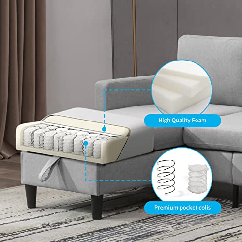 Mjkone Sectional Sofa Bed, Linen Sleeper Couch with Ottoman, Convertible Sleeper Sofa, Couches for Living Room, Chaise Lounge Indoor, Easy Assembly, Light Grey