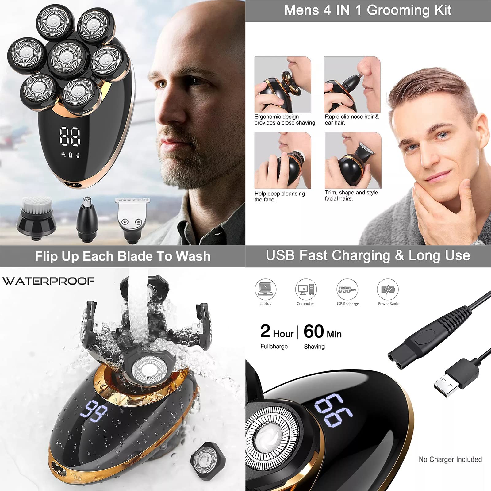 LXosff Electric Head Shaver for Bald Men, 5-in-1 Men's Electric Rotary Razor with 7D Floating Head, 100% Washable Wet & Dry Shaving with Grooming Kit, LED Display, USB Rechargeable Type-C Adapter.