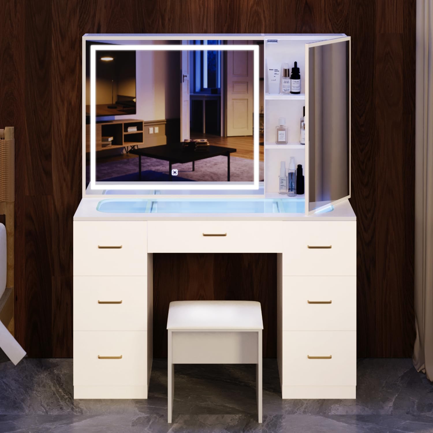 Jartoil Large Lighted Vanity Desk, 7 Drawers & Transparent Glass Tabletop, Adjustable Lighting - for Women, Girls (White-Glass Tabletop)