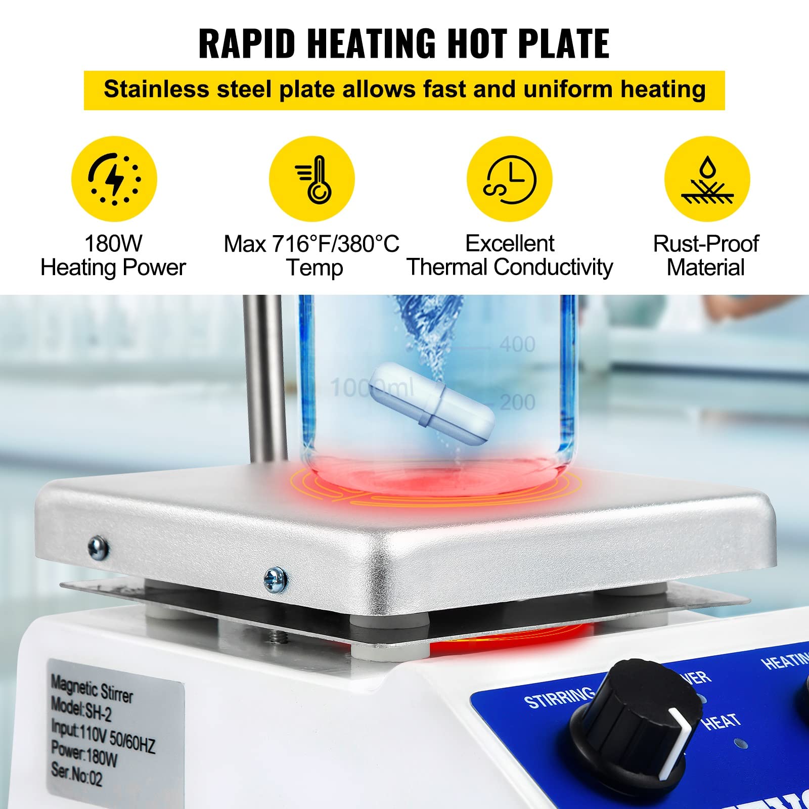 VEVOR SH-2 Magnetic Stirrer, 0-2000 RPM, 1000ml Mixing Capacity Laboratory Magnetic Stirrer Hotplate w/Stand, 180W Heating Power & 380°C Max Heating Temperature, for Lab Liquid Mixing Heating