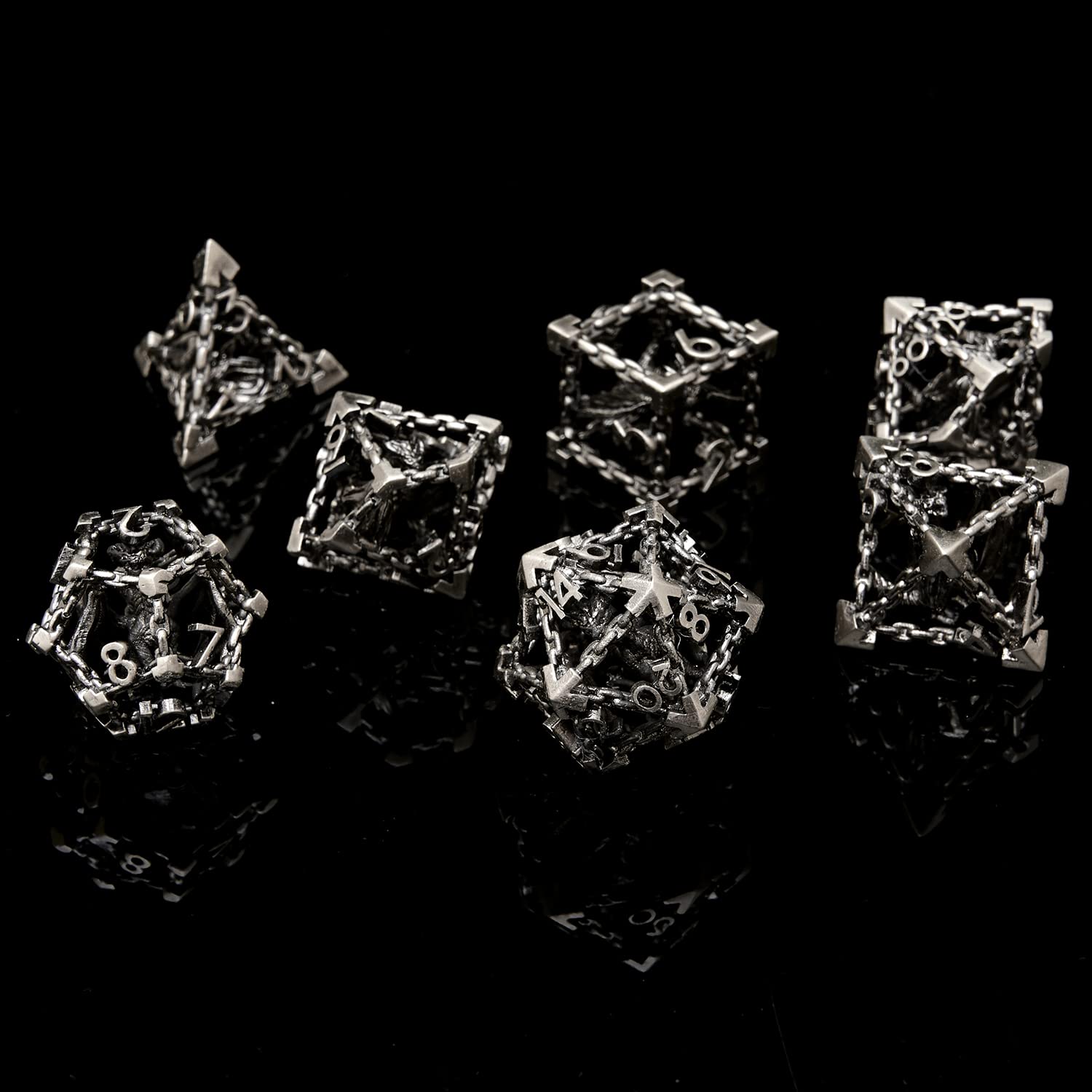 Metal DND Dice Set with Box 7pcs Hollow D&D Dice,Copper Polyhedral Dungeons and Dragons Dice Set Steampunk Polyhedral Dice Games Set for RPG,MTG,Pathfinder,D and D Dice Set (Dragon Black Gold)