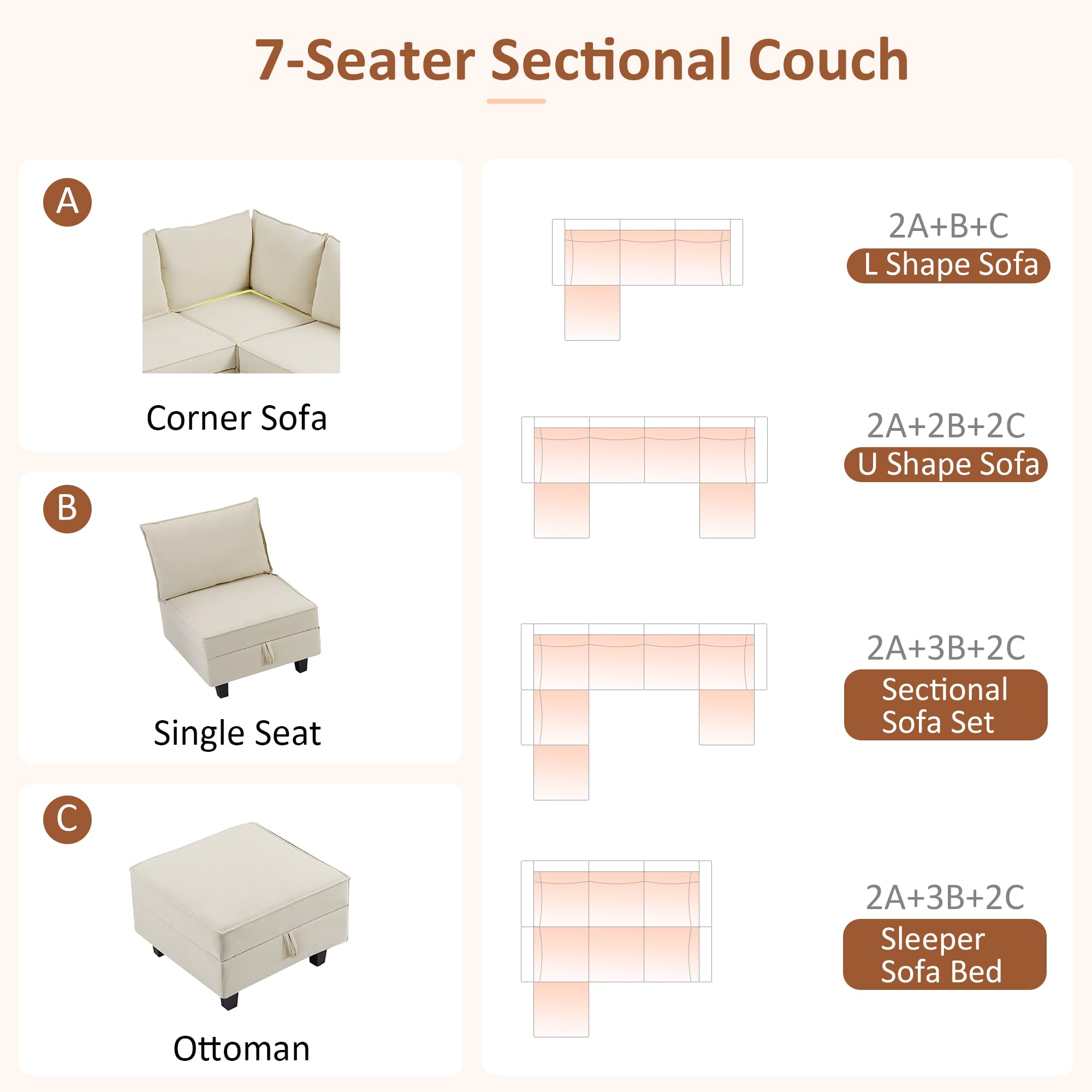 Neylory Modular U-Shaped Sectional Sofa, Oversized 7 Seater Sectional Couch with Storage Seat & Ottoman, Convertible Sleeper Sofa for Living Room, Beige