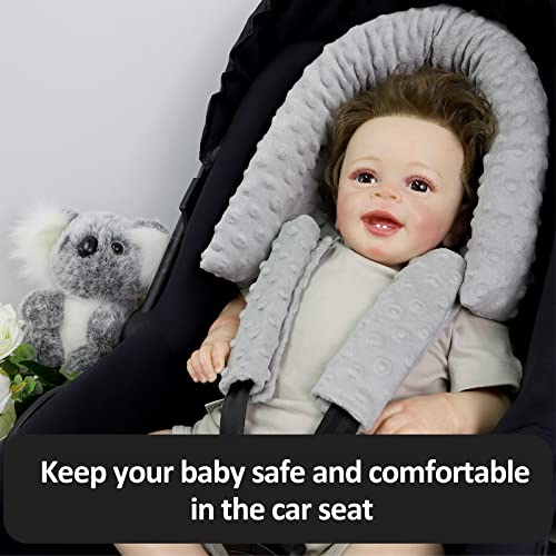 Jundetye Car Seat Head Support Infant, Baby Head Support with Strap Covers for Boys Girls, Infant Car Seat Insert, Soft Minky Carseat Headrest for Strollers, Grey
