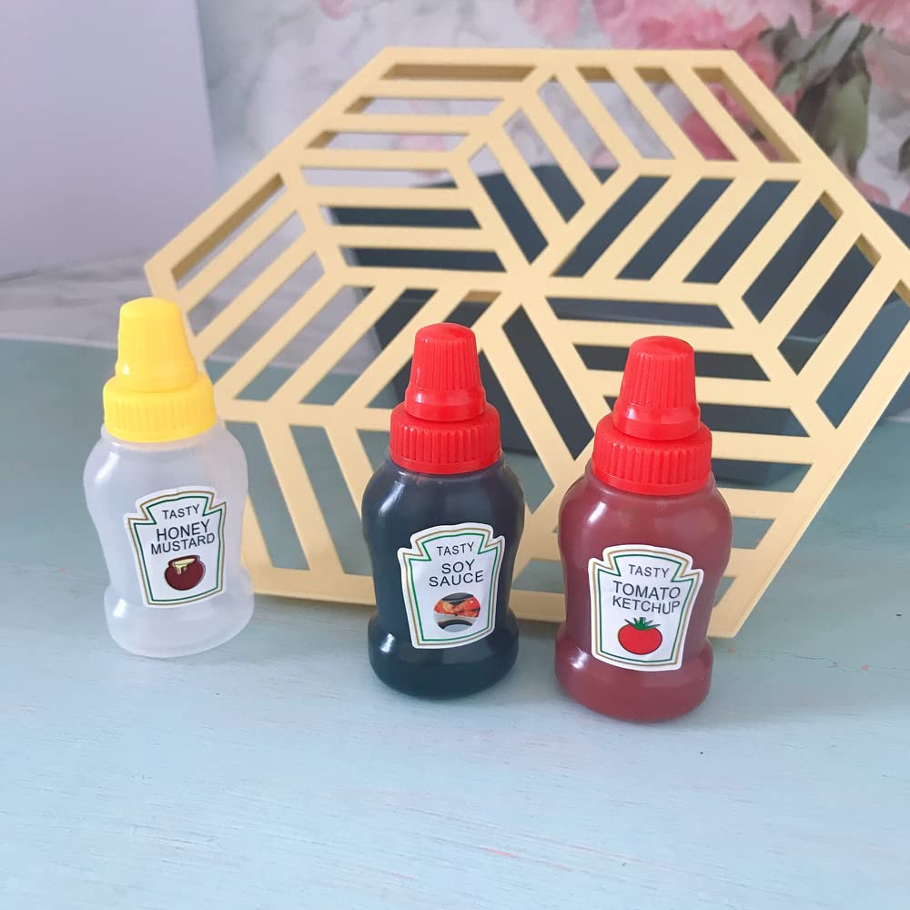 ZAYOIZY 4pcs Mini Condiment Squeeze Bottles 25ml Honey/Ketchup/Soy Sauce/Salad Dressing Dispensers Squeezable Jars Containers Plastic Portable Lunchbox with Sturdy Screw Cap