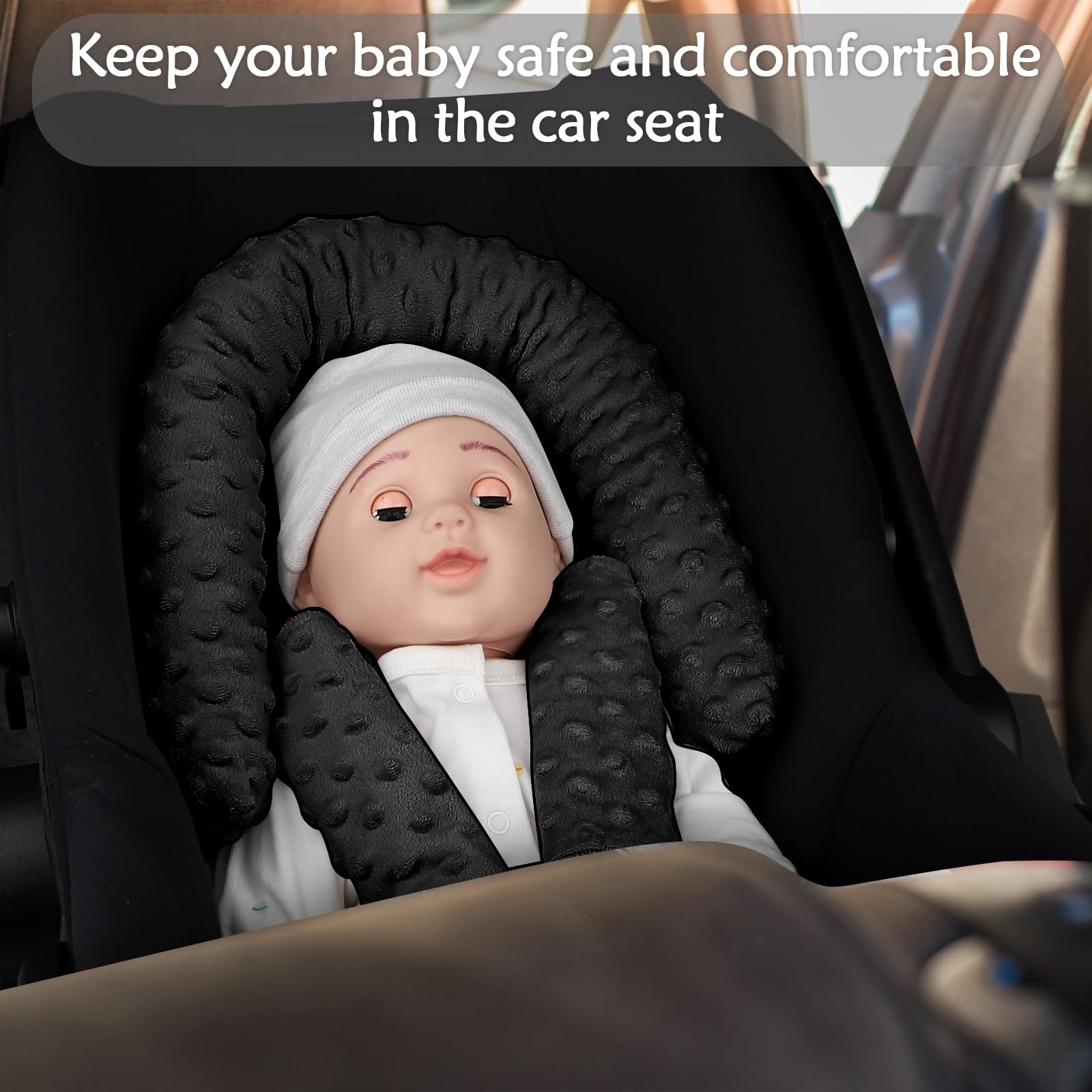 Jundetye Car Seat Head Support Infant, Baby Head Support with Strap Covers for Girls Boys, Soft Minky Carseat Headrest for Strollers, Pink
