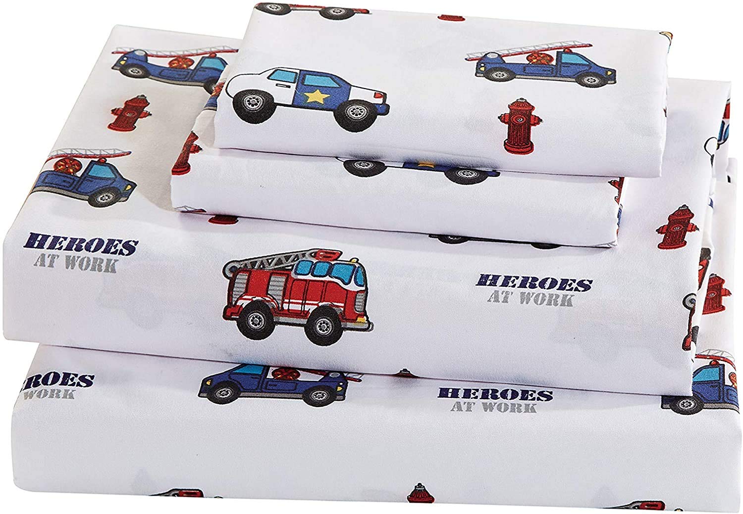 Mk Home 4 PC Full Size Sheet Set for Boys Heroes on Call Firetruck Police Car Ambulance Red Blue White New (Full)