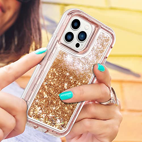 WOLLONY for iPhone 14 Pro Max Case Glitter Floating Liquid Shiny Quicksand Case for Women Girls Heavy Duty Shockproof Protective Case Hard PC Bumper Soft TPU Cover for iPhone 14 Pro Max 6.7''Rosegold