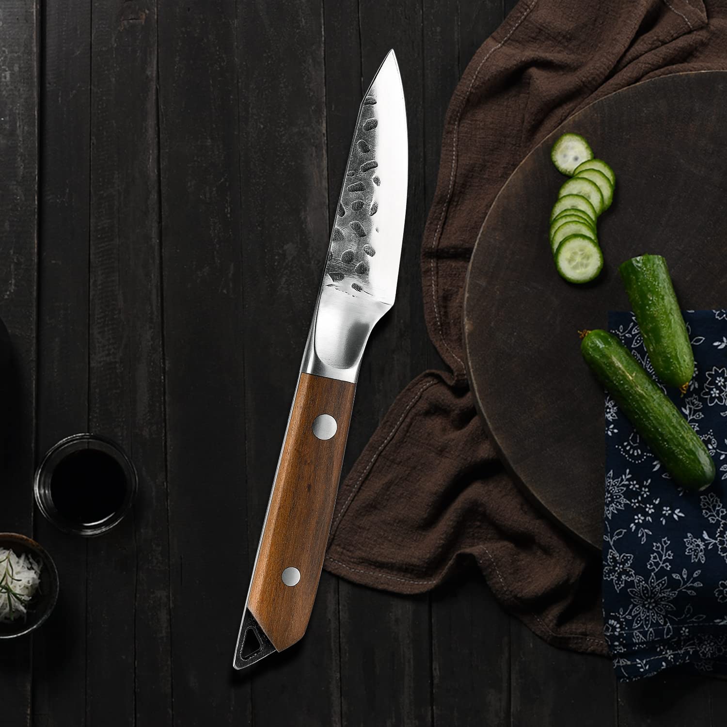 Momo's House 5 Inch Santoku Knife and 3 Inch Small Paring Knife with Ergonomic Ebony Handle - Sharp Forged Carbon Steel Handmade Fruit Kitchen Knives with Elegant Gift Box and Sheaths, 2Pcs