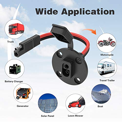Kohree SAE Power Socket Sidewall Port Connector, 2 Pin SAE Quick Connect Solar Panel Flush Mount Connector Plug Cable Weatherproof 12AWG 13.2" w/ 8 Screws for Solar Generator Battery Charger, 2 Pcs