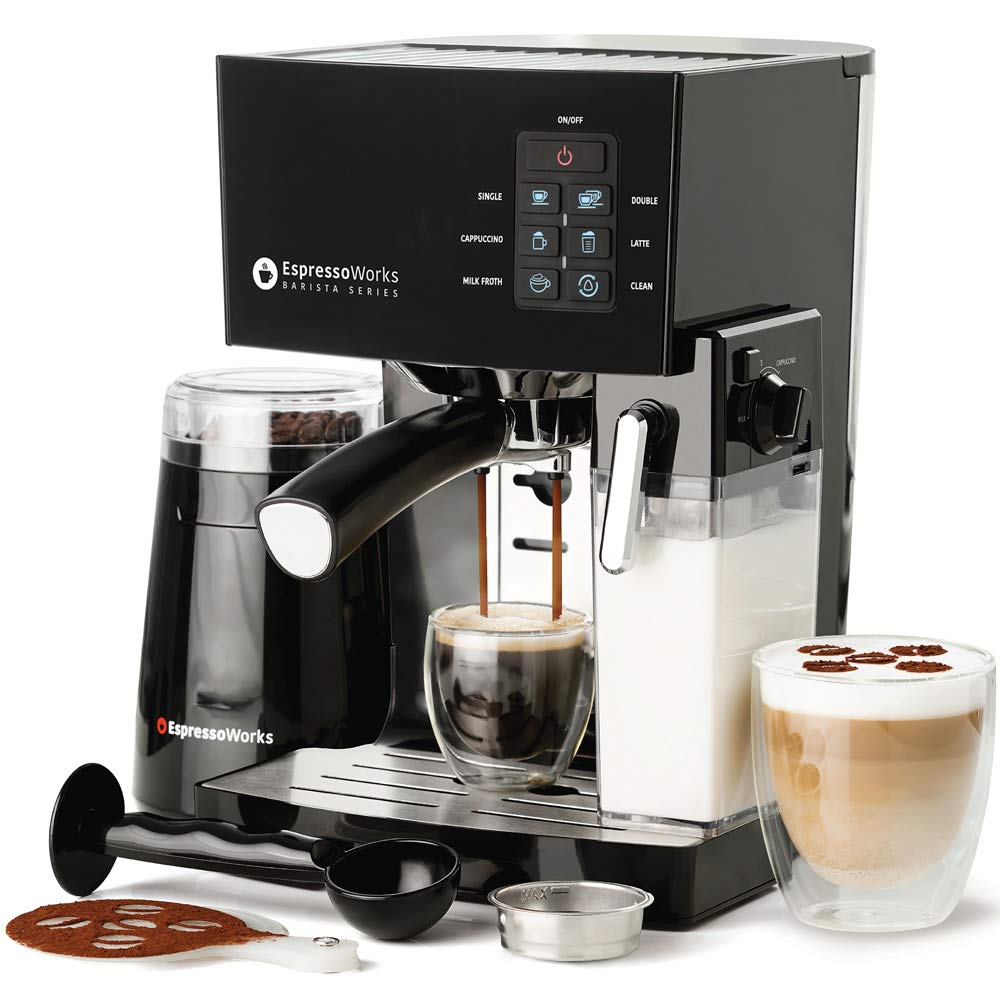 EspressoWorks All-In-One Espresso Machine with Milk Frother 7-Piece Set - Latte Maker Includes Grinder, Frothing Pitcher, Cups, Spoon and Tamper - Coffee Gifts (Stainless Steel)